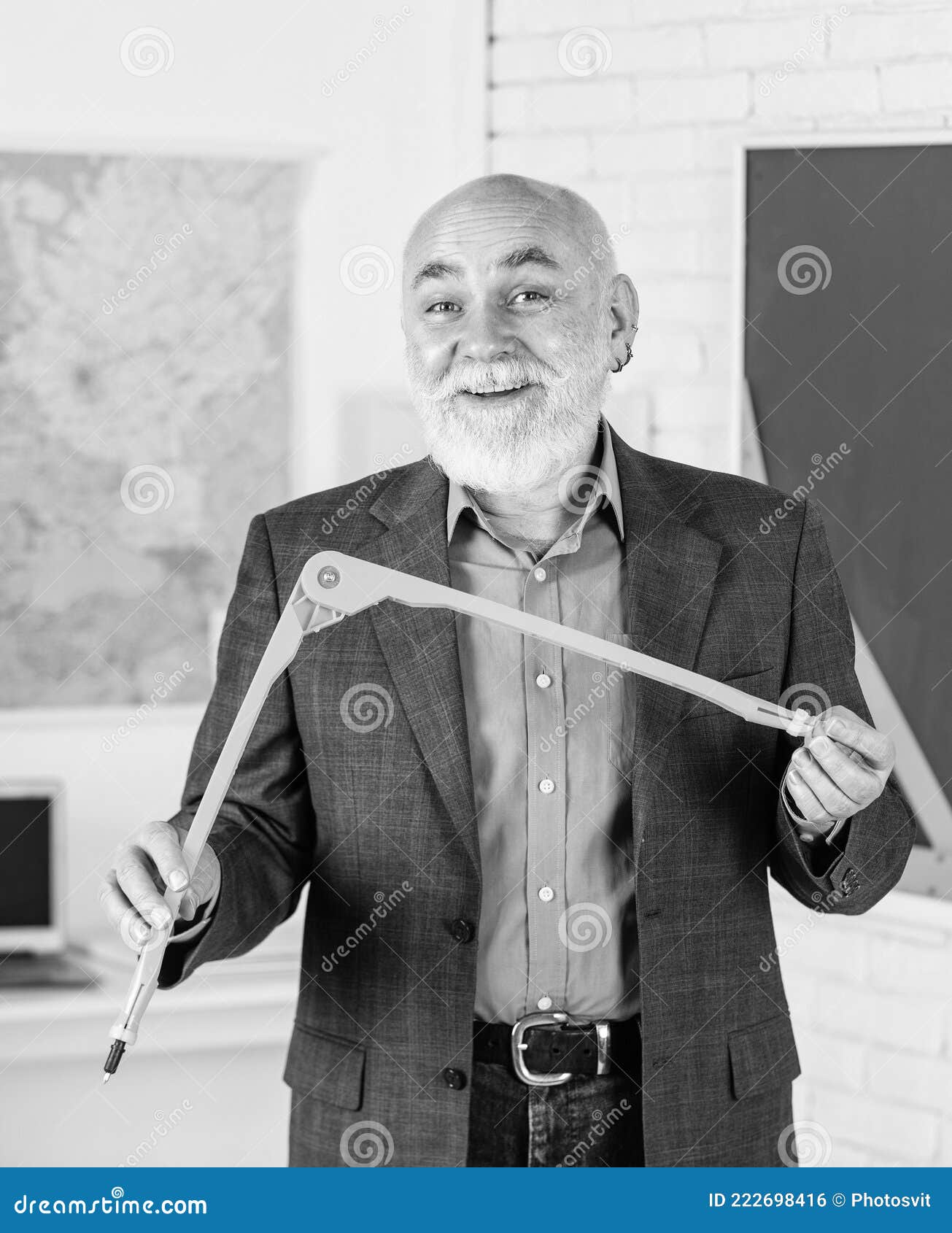 Teacher Man At Chalkboard Holding Ruler, Math Subject Concept Royalty ...