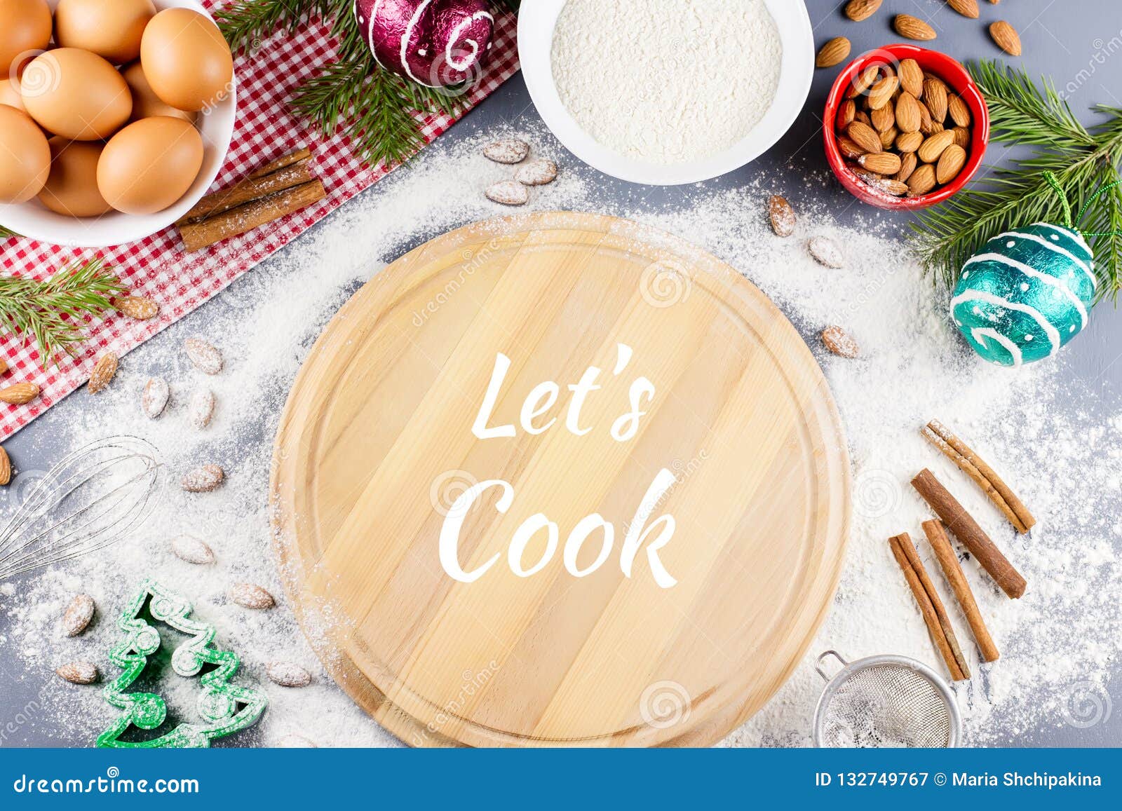 Let`s Cook Text with Cutting Coard, Rolling Pin, Ingredients in ...