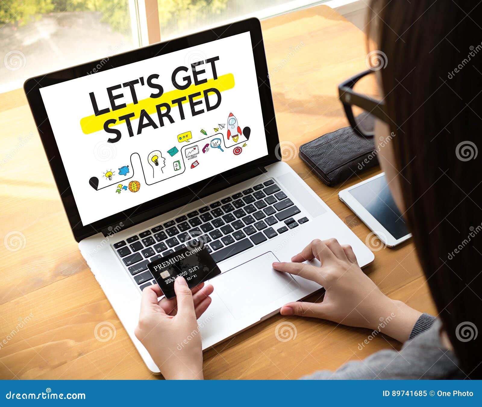 LET S GET STARTED Two Businessman Working at Office Desk and Usi Stock ...