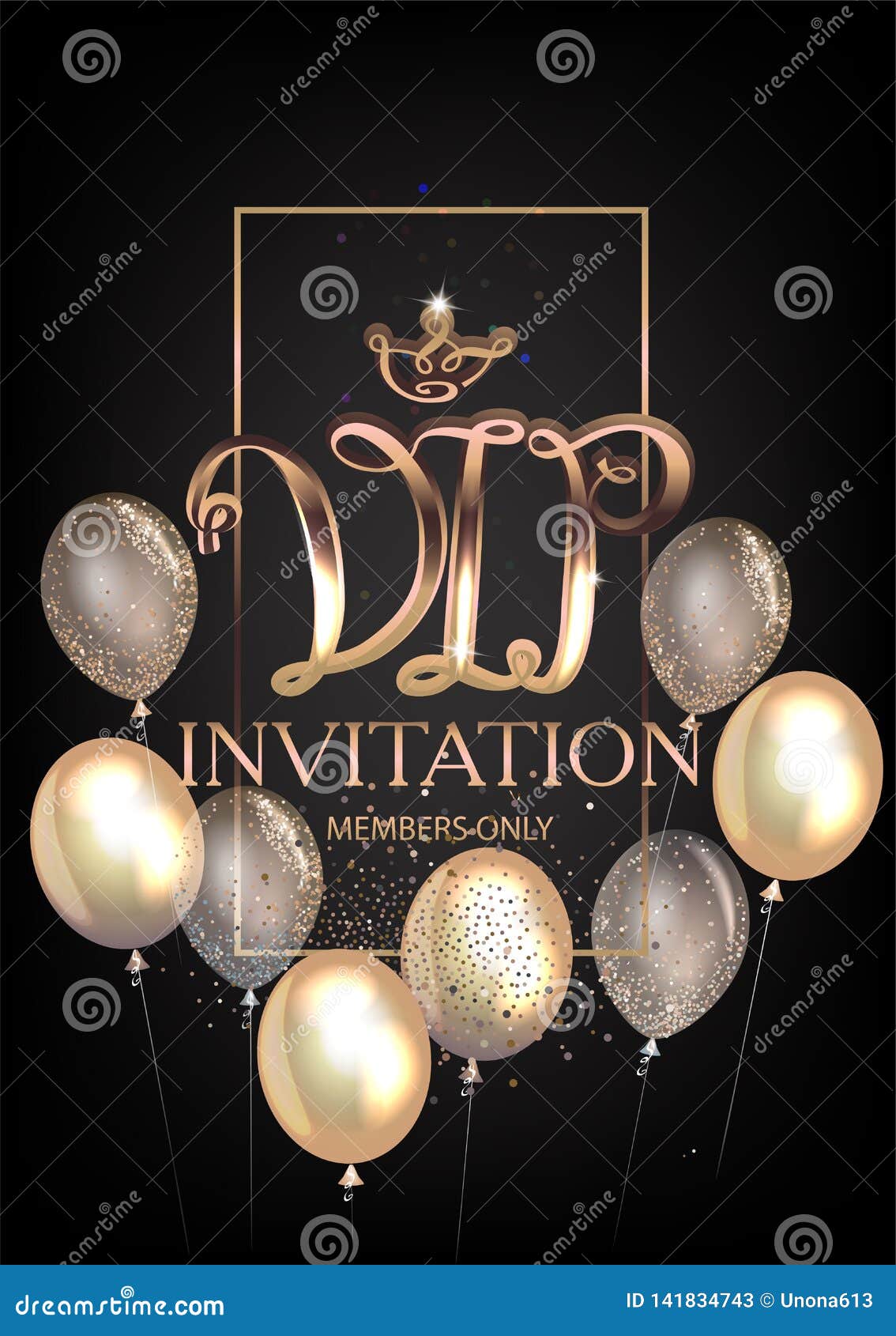 VIP Invitation Card with Golden Air Balloons and Calligraphy Lettering ...