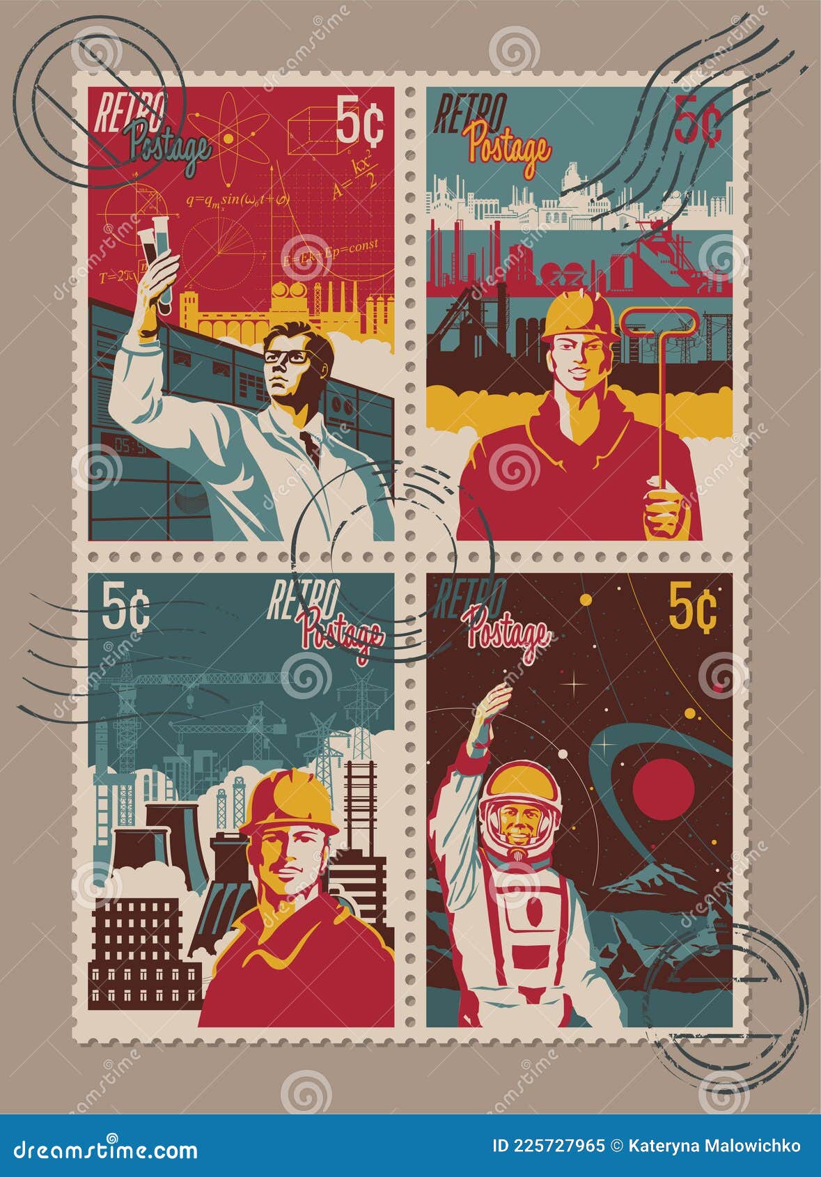 Retro Propaganda Postage Stamp Set Stock Vector - Illustration of ...