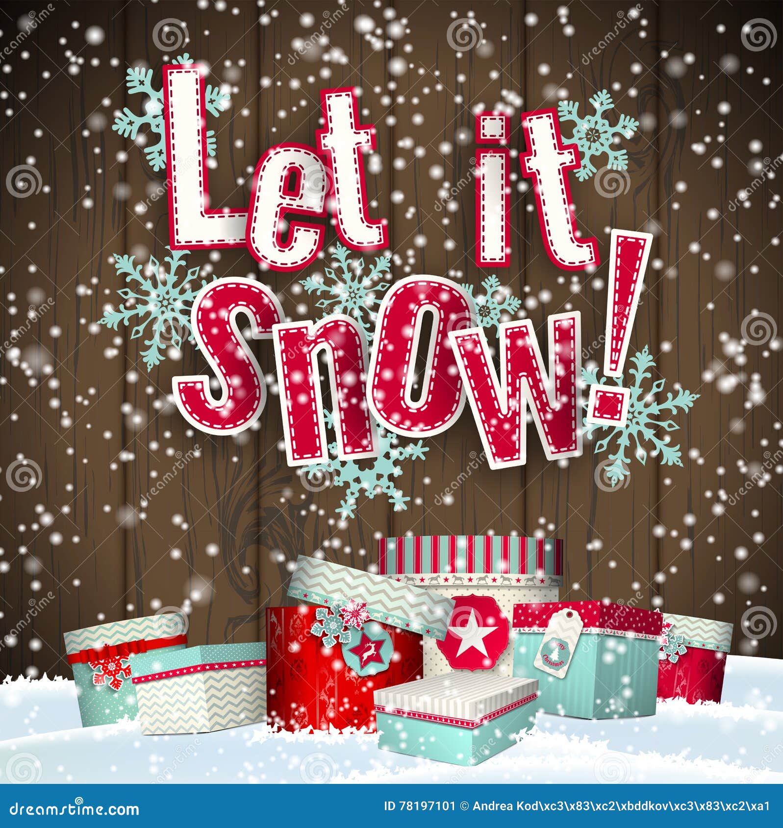 Let it Snow, Red Text on Brown Wooden Background with 3d Effect and ...