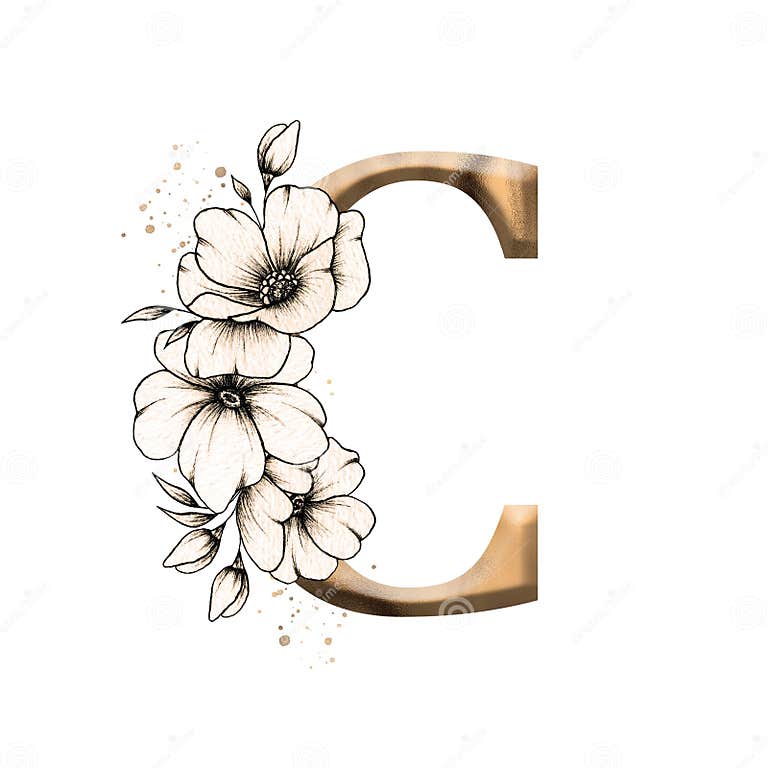 Letra C De Oro Con Flores Vintage Con Composición De Ramo Monograma ... Letra C De Oro Con Flores Vintage Con Composición De Ramo Monograma ...