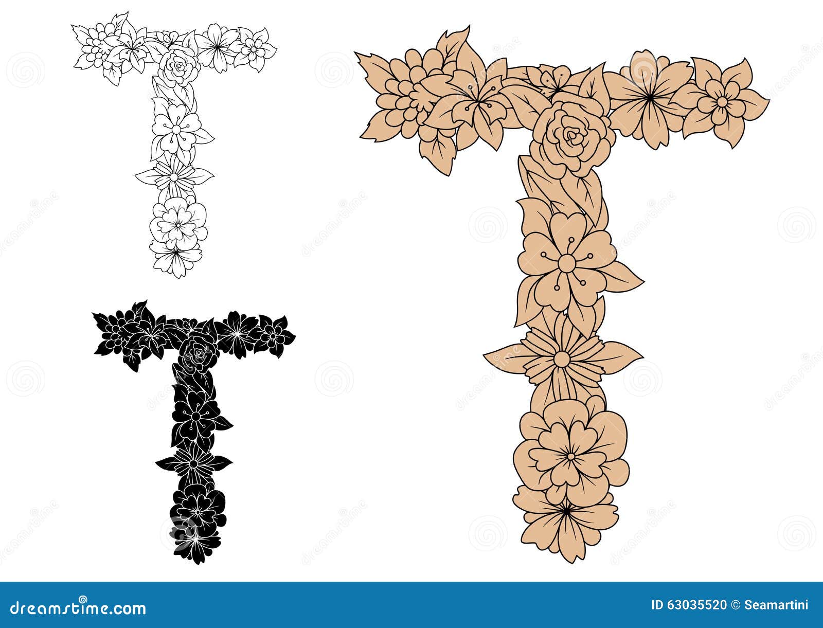 Letra Floral T Com As Flores Retros Da Flor Ilustração do Vetor ...