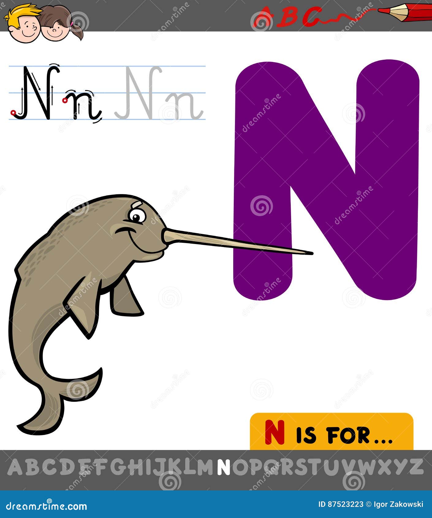 Letra N Com Narval Dos Desenhos Animados Ilustração do Vetor ...