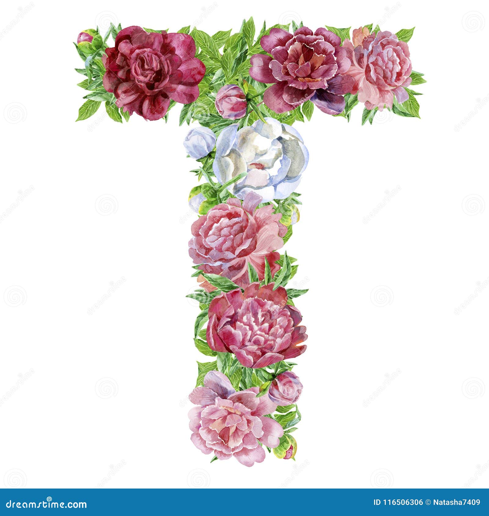 Letra T De Flores Da Aquarela Ilustração Stock - Ilustração de peônia ...