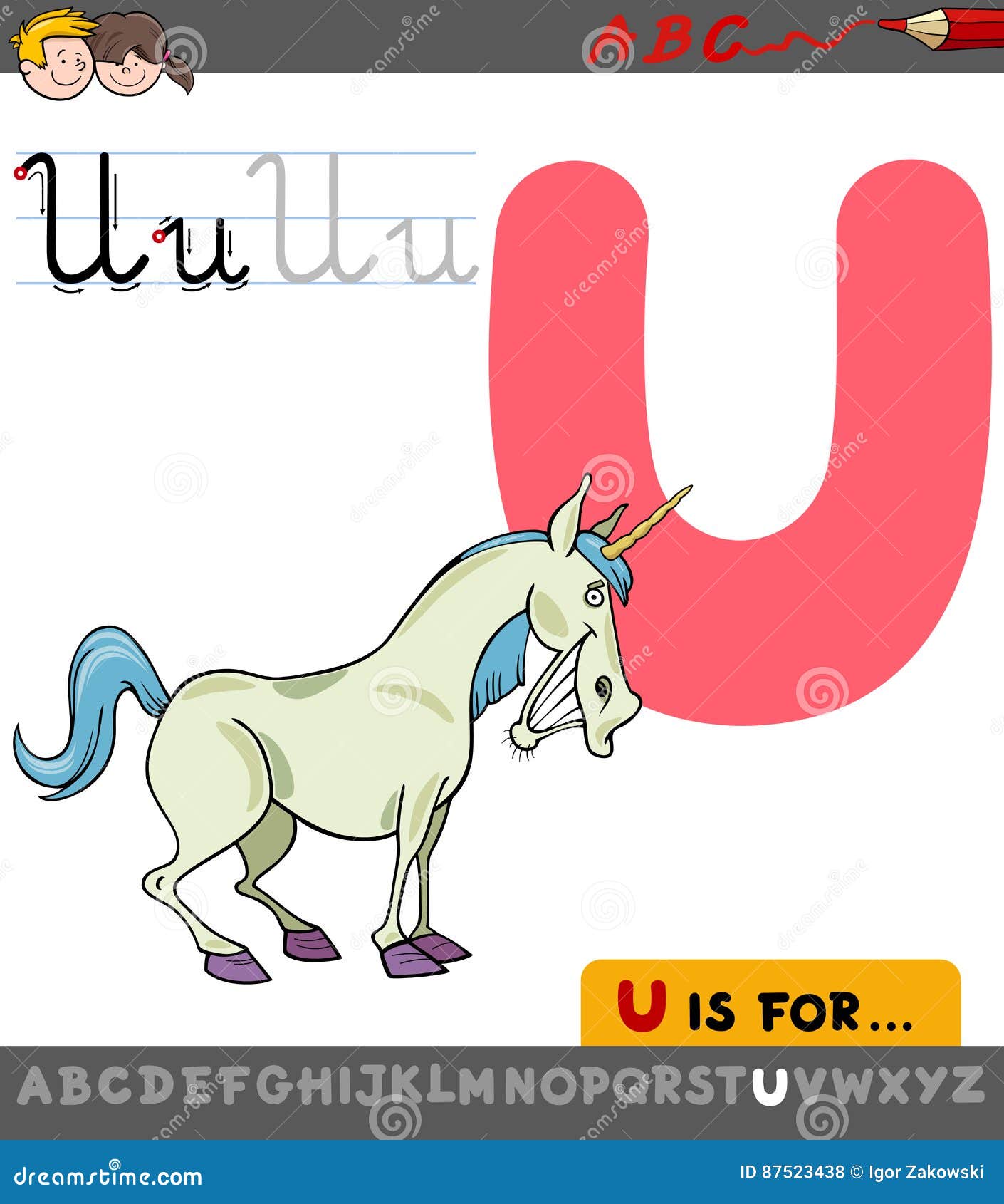 Letra U Con Unicornio De La Historieta Ilustración del Vector ...