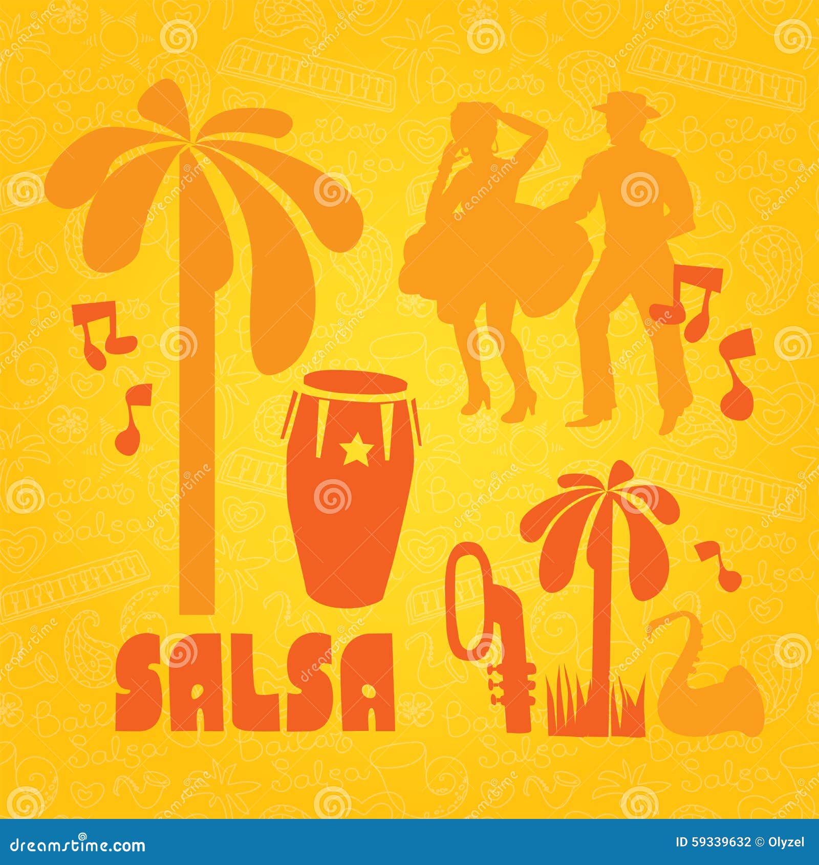 Letras De La Salsa Con Las Siluetas De Palmas Stock de ilustración ...