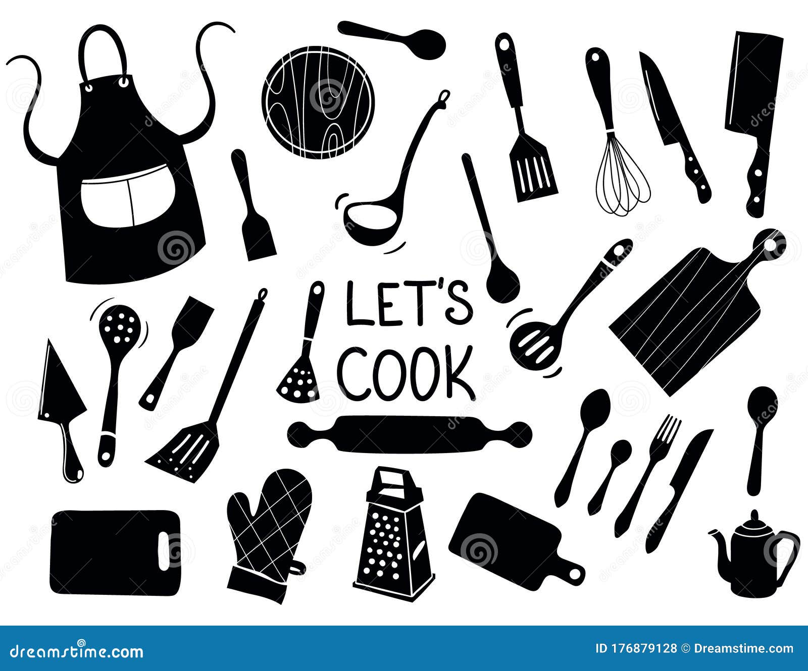 Lets Cook - Kitchen Silhouette Doodle. Stock Vector - Illustration of ...