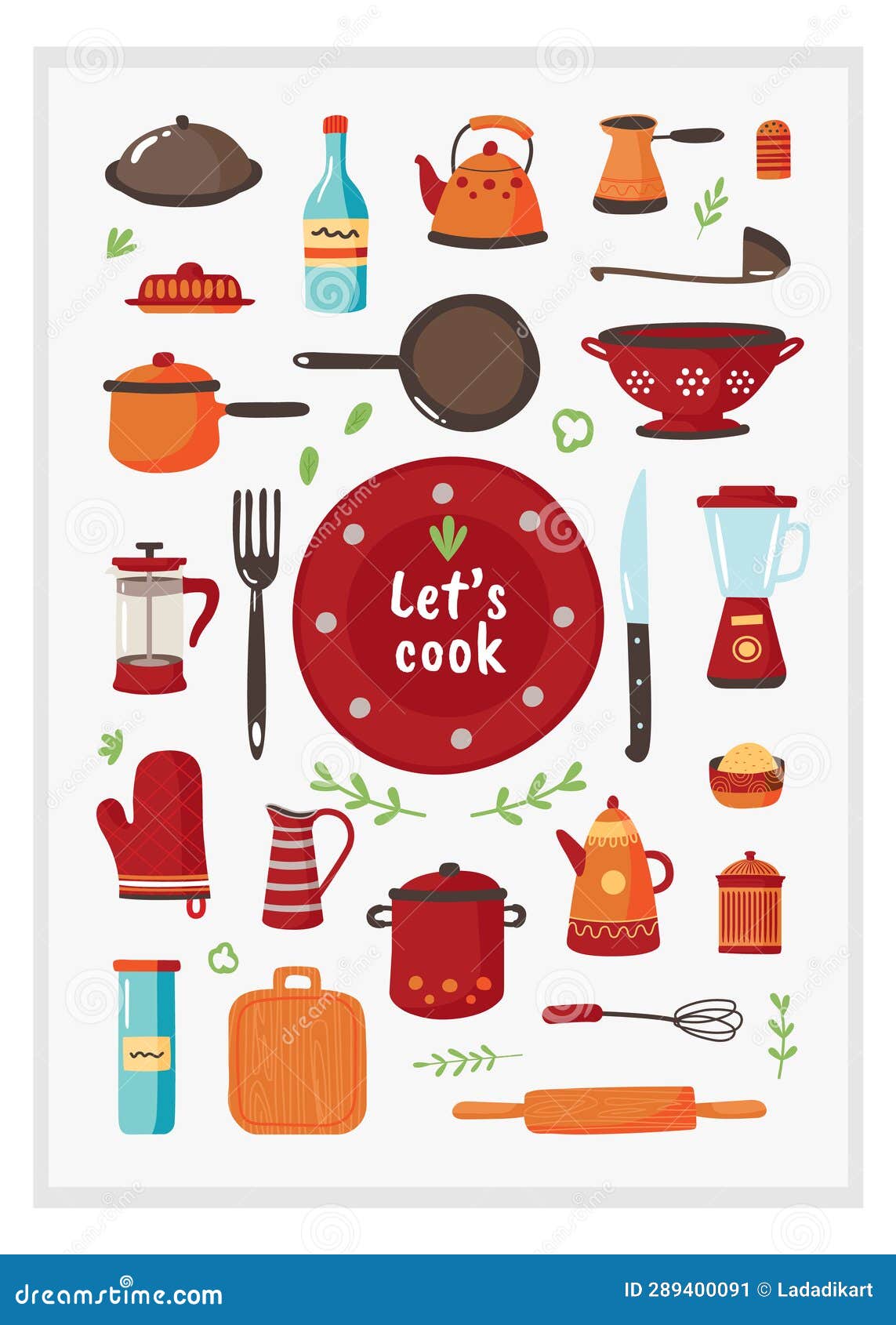 Lets Cook Poster with Kitchen Dishware and Tools Stock Vector ...