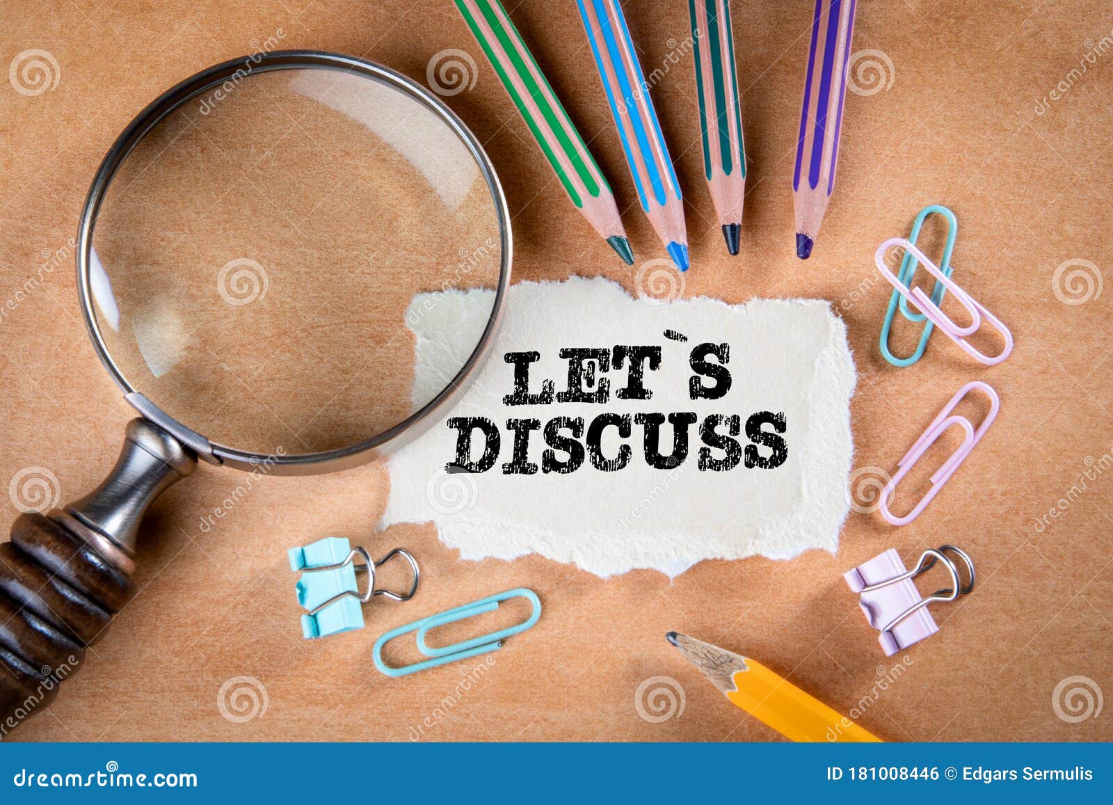 LETS DISCUSS. Magnifying Glass, Stationery and Note Paper Stock Photo ...