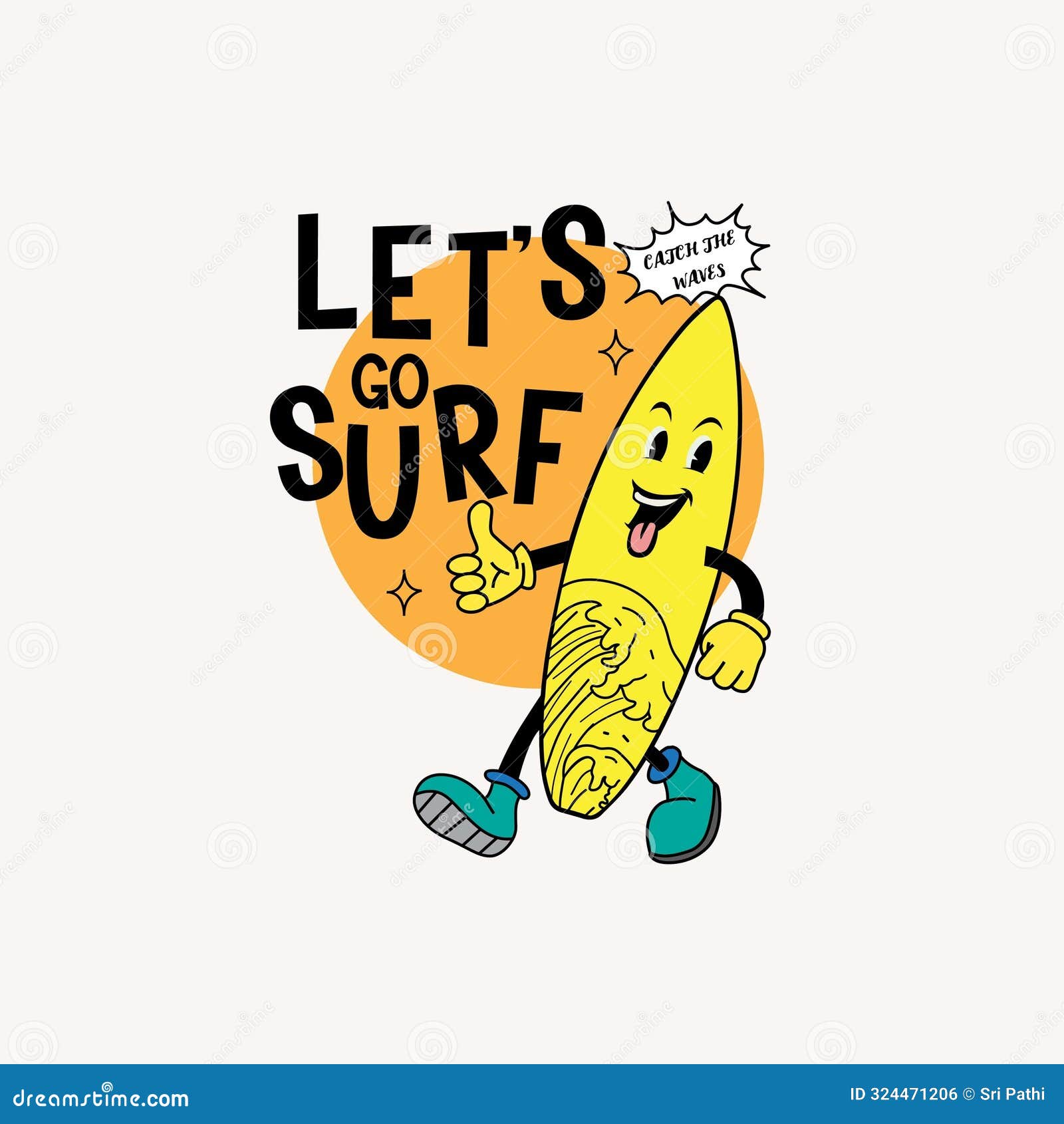 Lets Surf Funny Cartoon Surf Board Graphic Design Stock Illustration ...