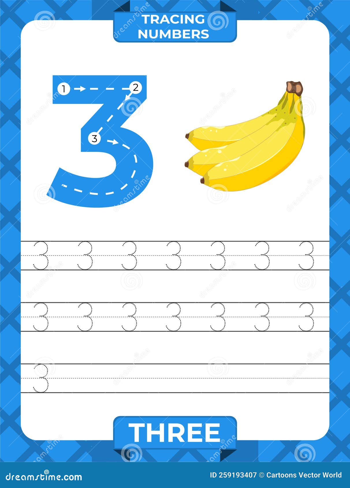 Number 3 Trace, Worksheet For Learning Numbers, Kids Learning Material ...
