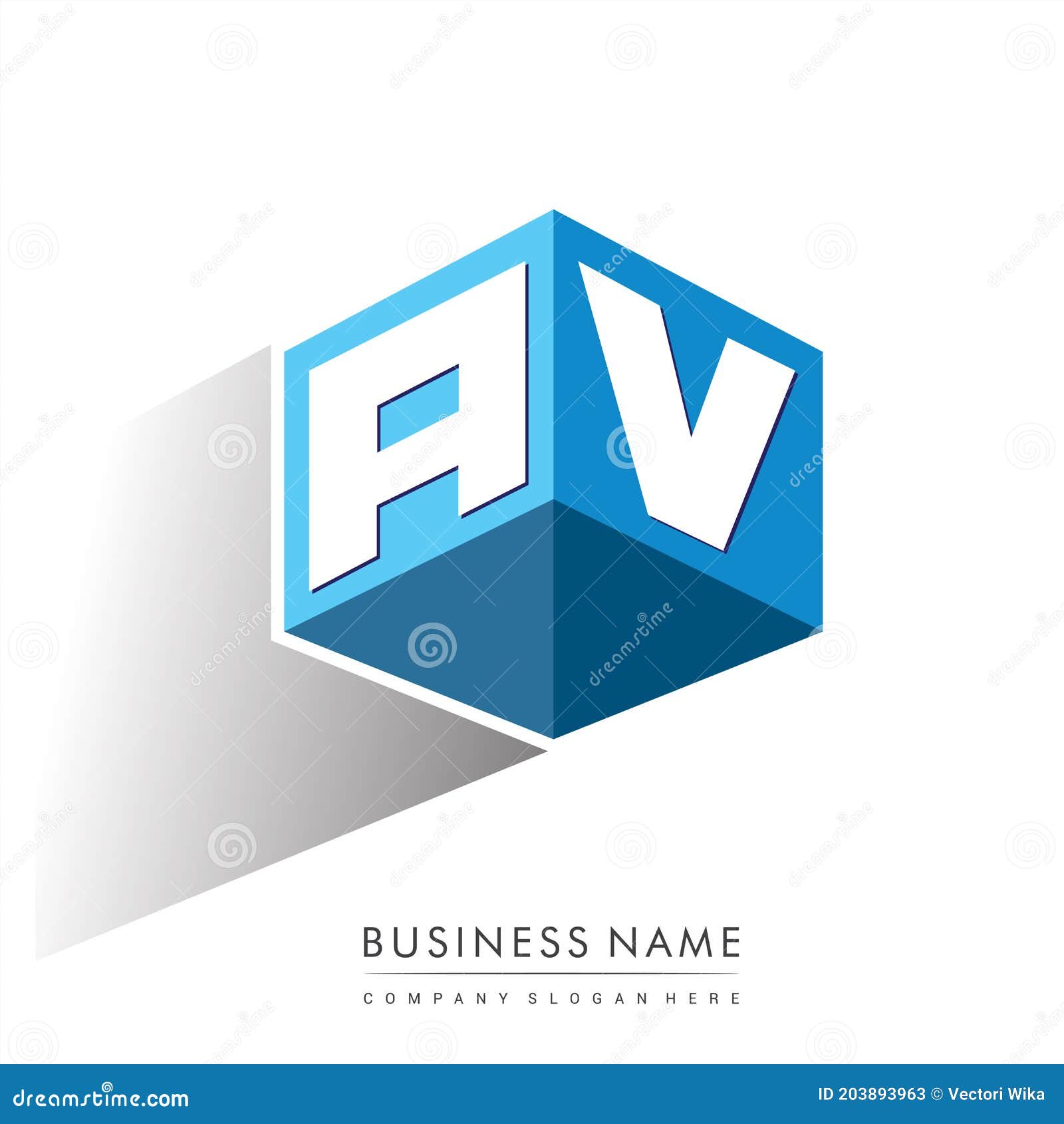Letter AV Logo in Hexagon Shape and Blue Background, Cube Logo with ...
