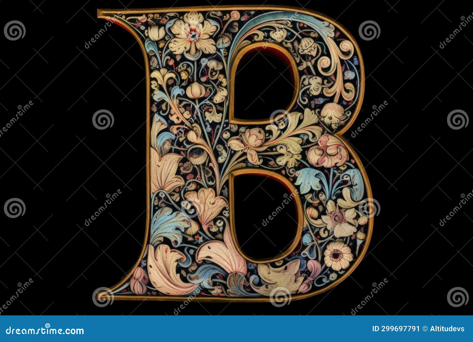 Letter B, Medieval Manuscript Style, on Black Background Stock ...