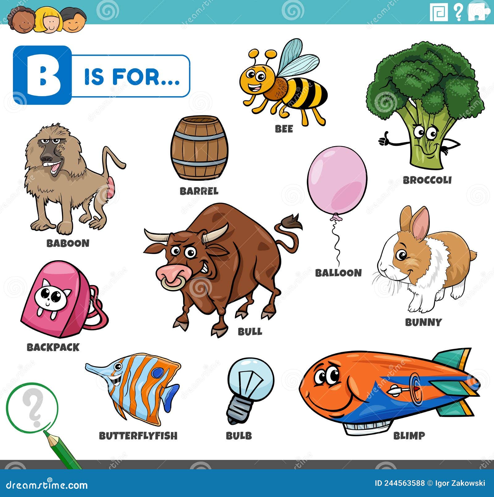 Letter B Words Educational Set with Cartoon Characters Stock Vector ...