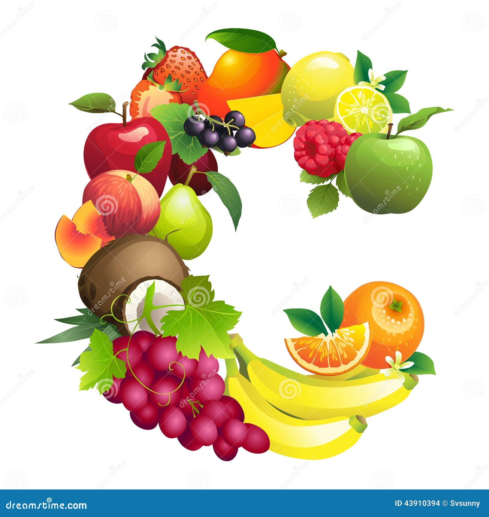 Letter C Composed of Different Fruits with Leaves Stock Vector ...