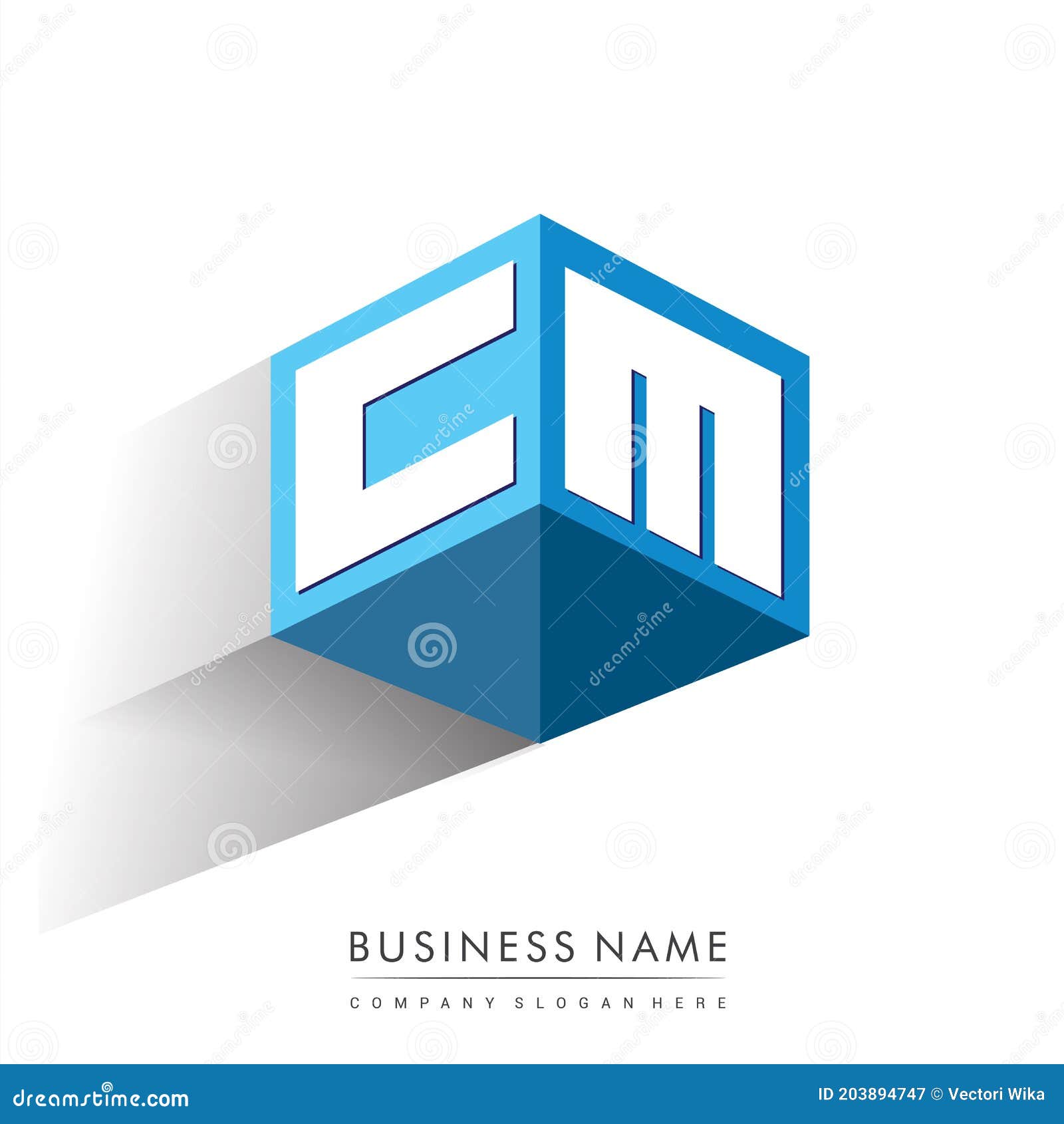 Letter CM Logo in Hexagon Shape and Blue Background, Cube Logo with ...