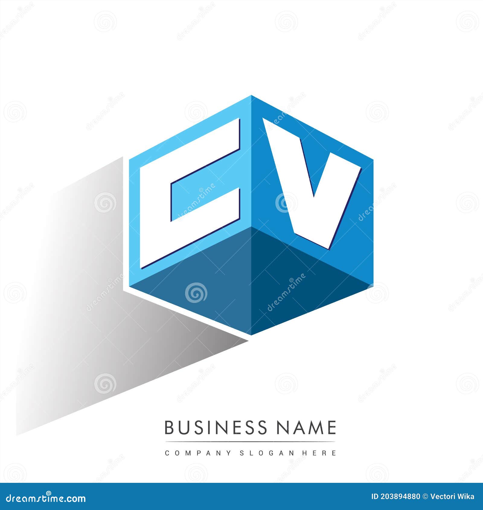 Letter CV Logo in Hexagon Shape and Blue Background, Cube Logo with ...