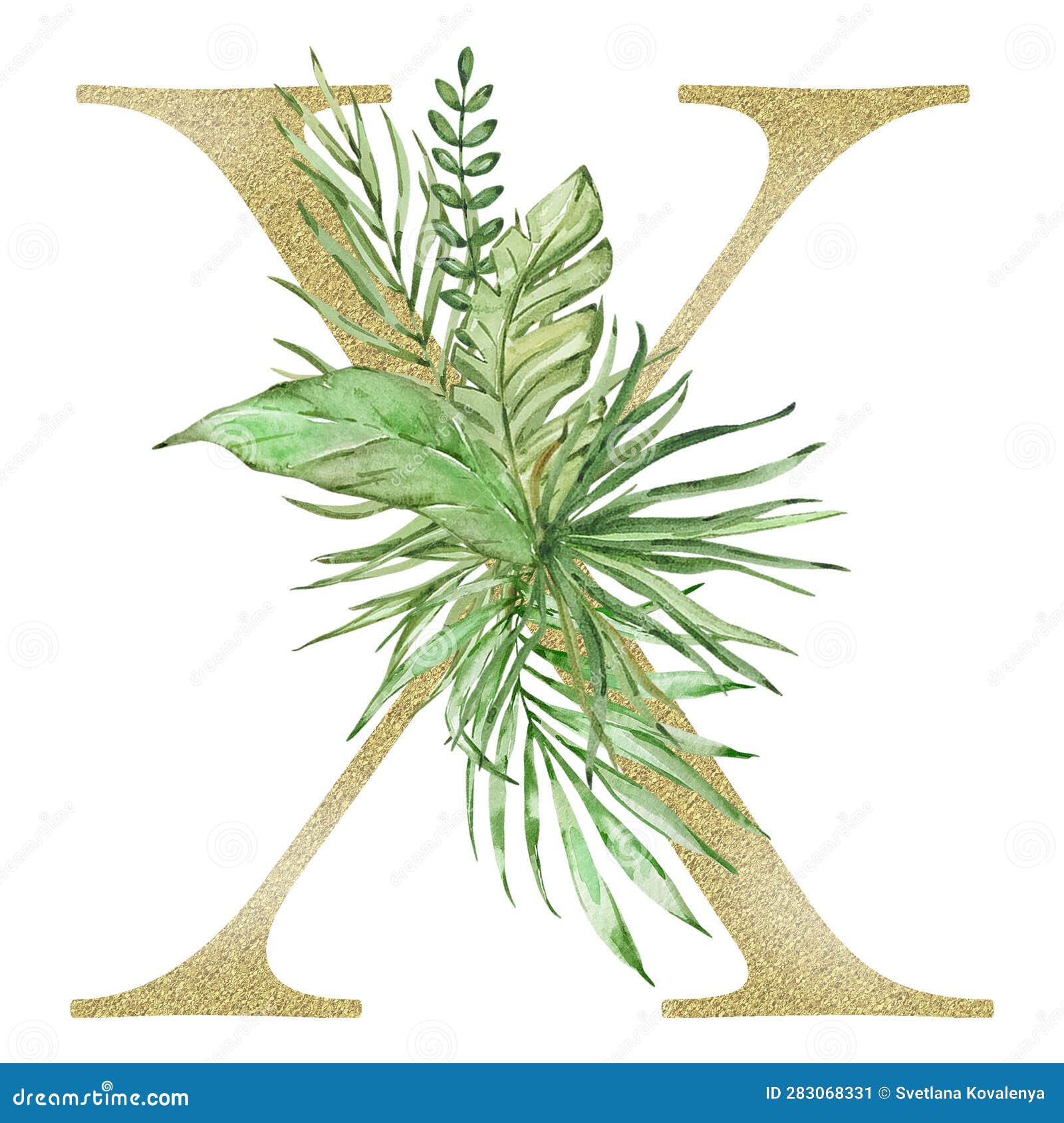 Letter X Decorated with Watercolor Tropical Leaves Stock Illustration ...