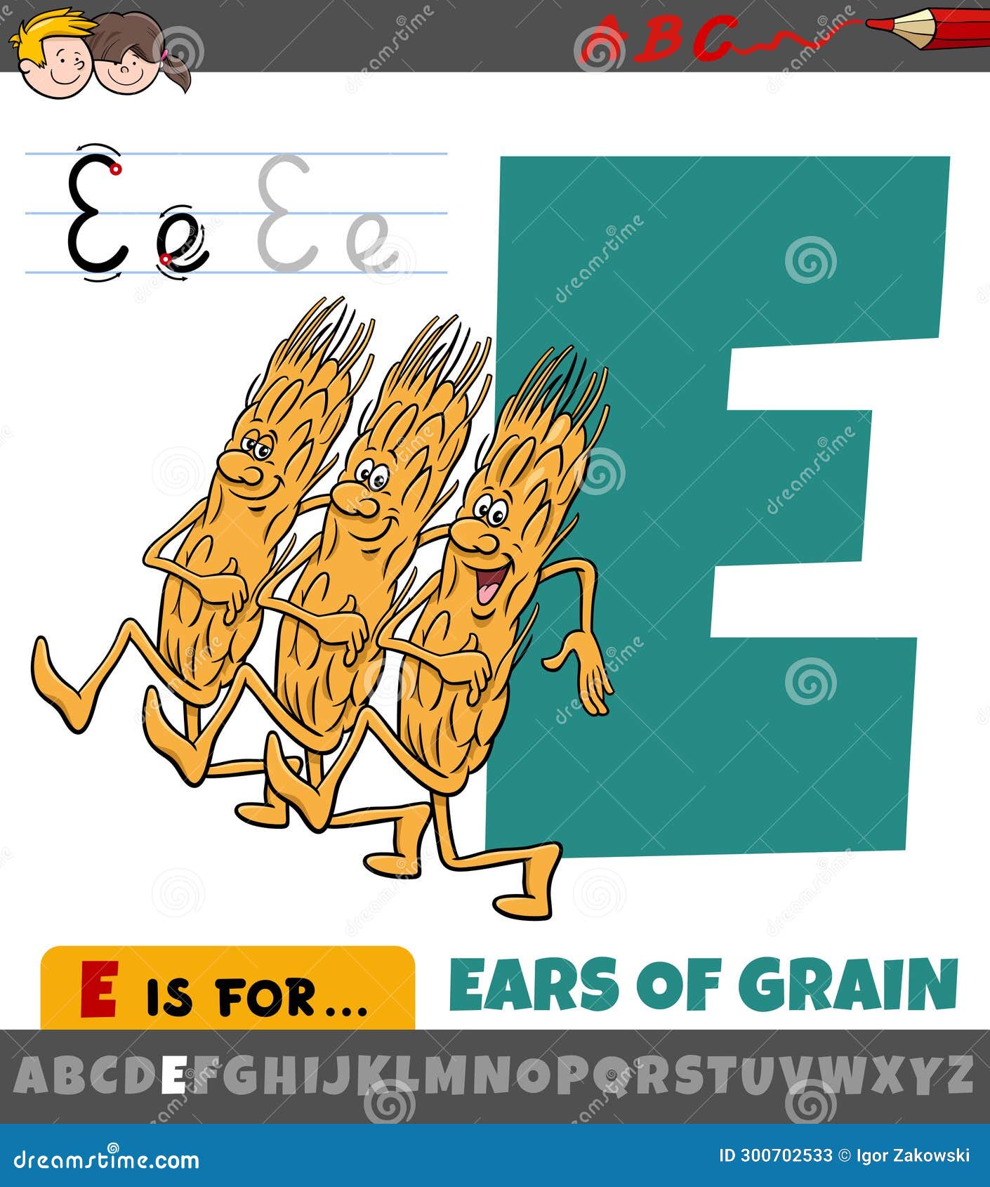 Letter E from Alphabet with Cartoon Ears of Grain Characters Stock ...