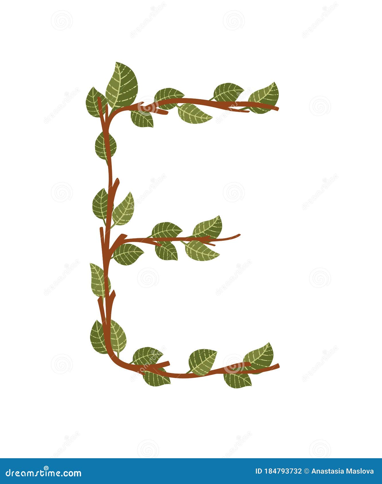Letter E Brown Tree Branches with Green Leaves Eco Font Flat Vector ...
