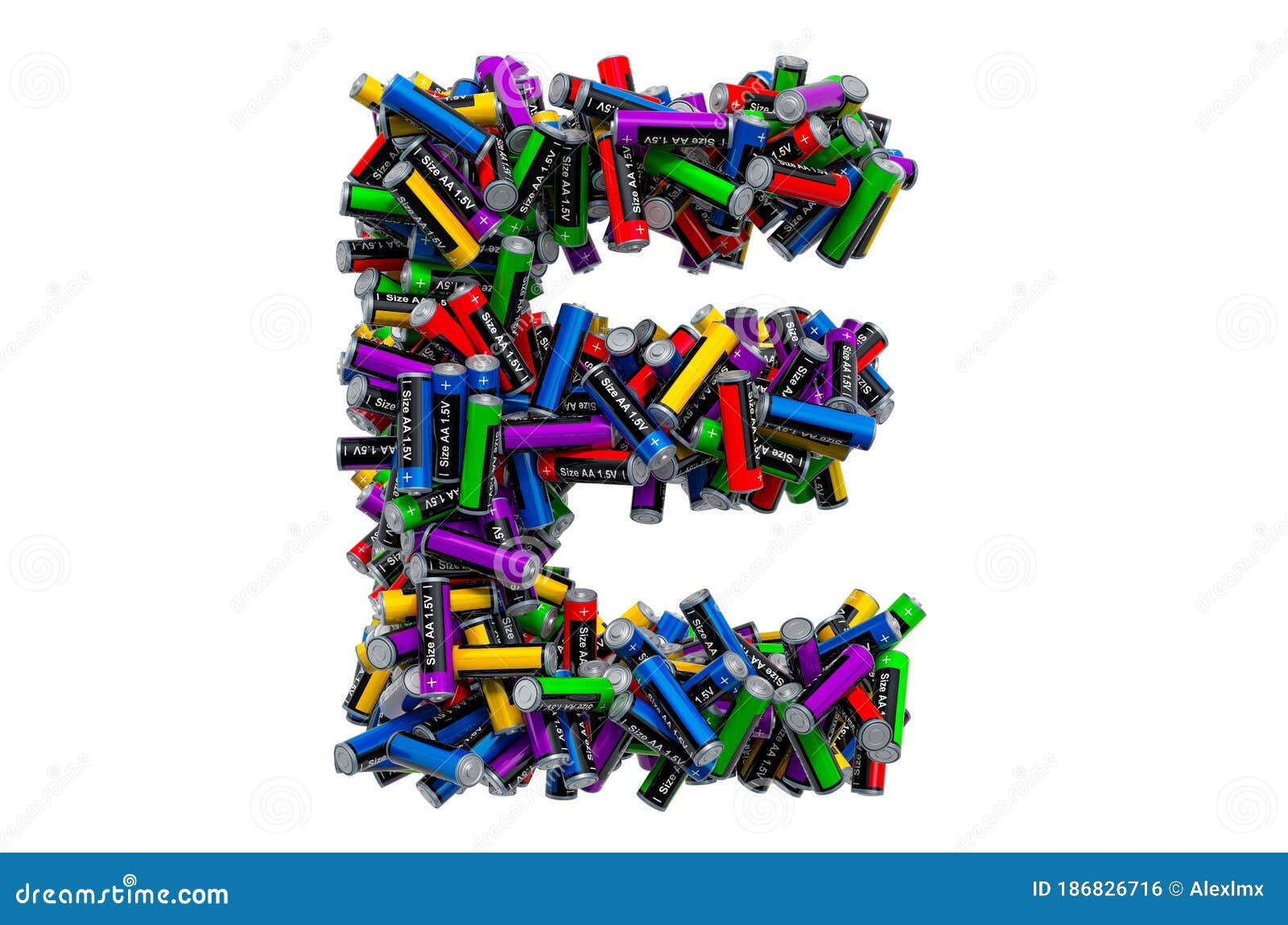 Letter E from Colored AA Batteries, 3D Rendering Stock Illustration ...