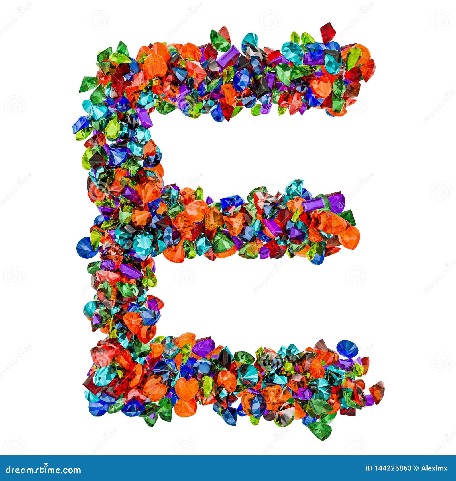 Letter E from Colored Gemstones. 3D Rendering Stock Illustration ...