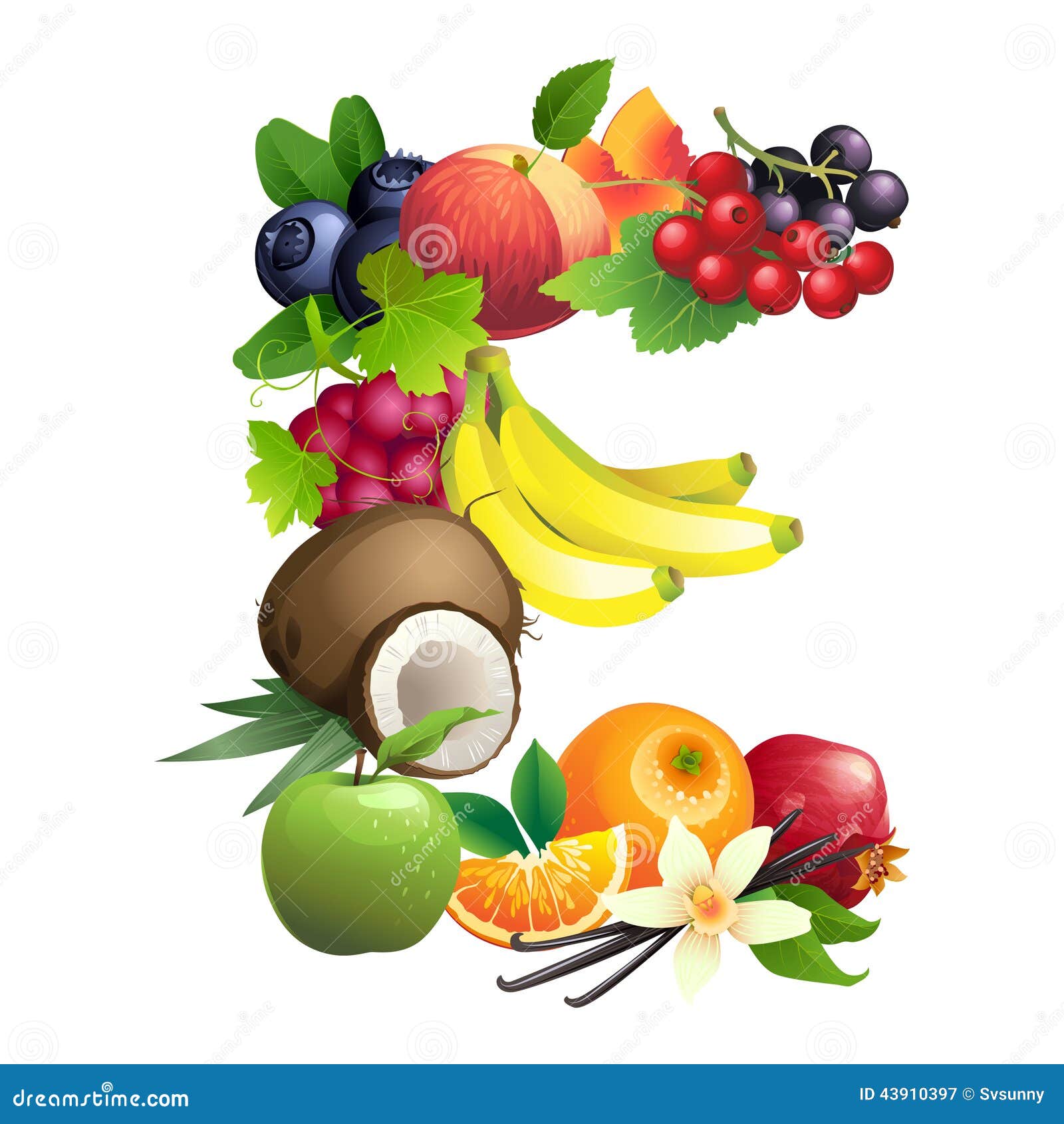 Letter E Composed of Different Fruits with Leaves Stock Vector ...
