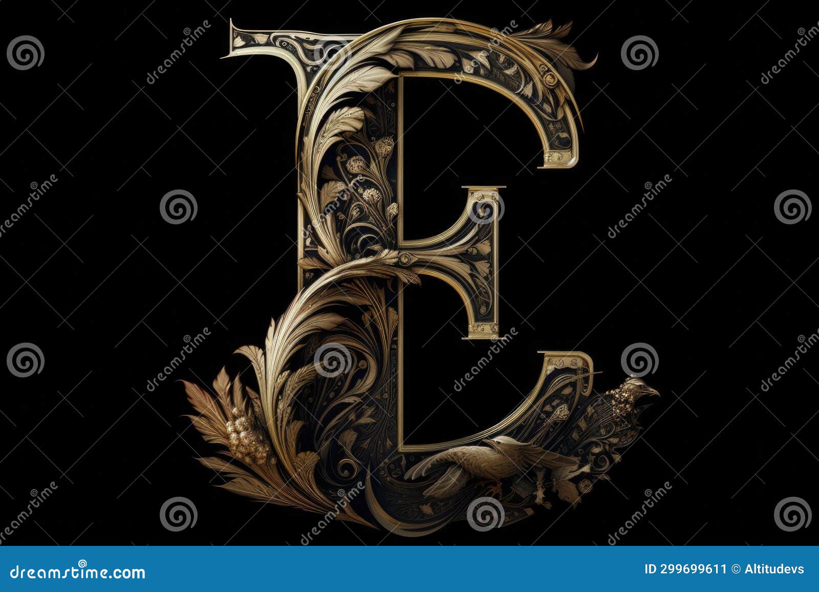 Letter E, Gothic Style, on Black Background Stock Illustration ...