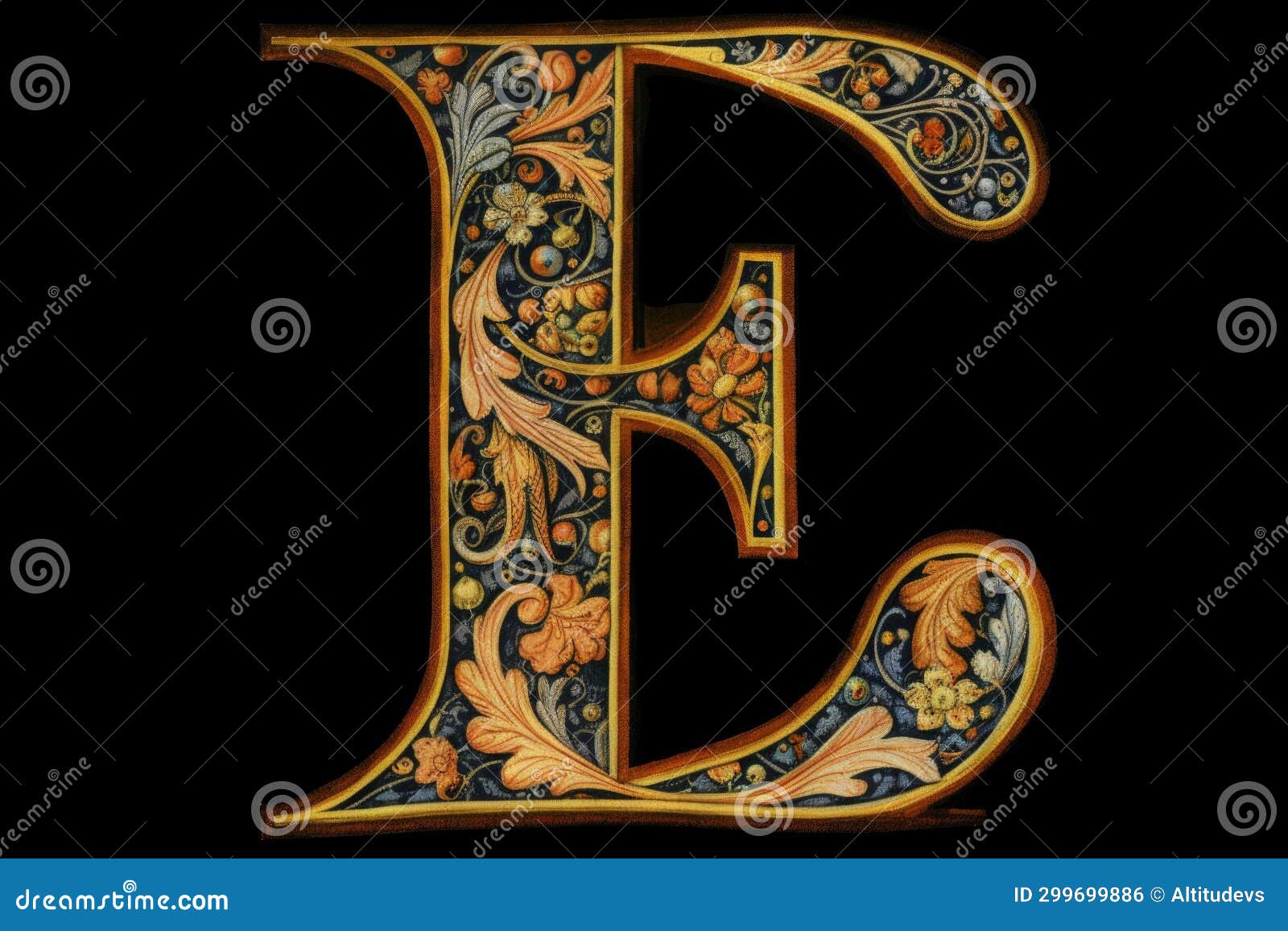 Letter E, Medieval Manuscript Style, on Black Background Stock ...