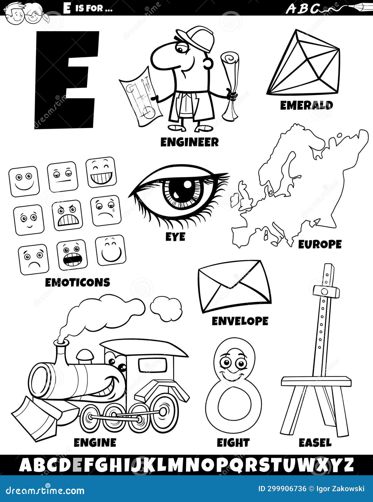 Letter E Set with Cartoon Objects and Characters Coloring Page Stock ...