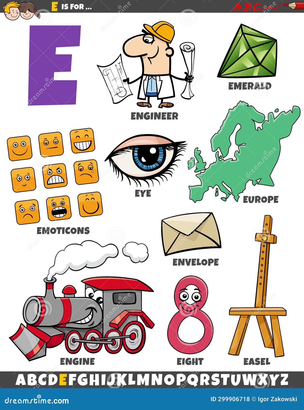 Letter E Set with Cartoon Objects and Characters Stock Illustration ...