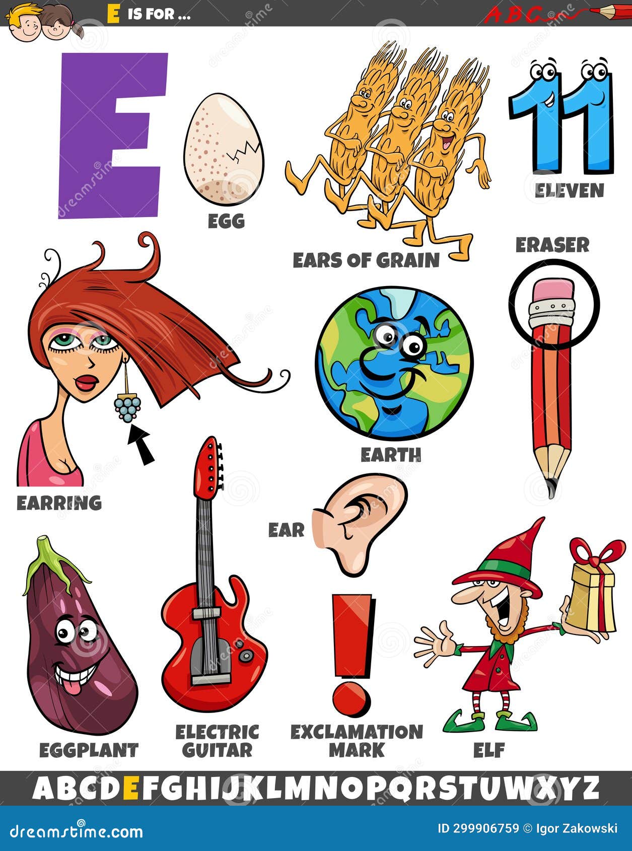 Letter E Set with Cartoon Objects and Characters Stock Illustration ...