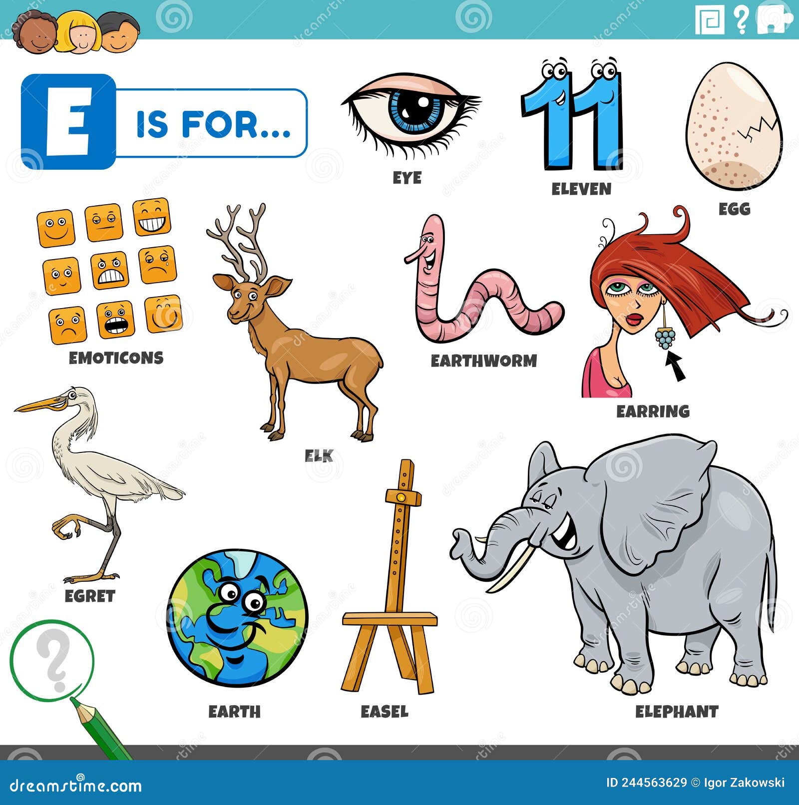 Letter E Words Educational Set with Cartoon Characters Stock Vector ...