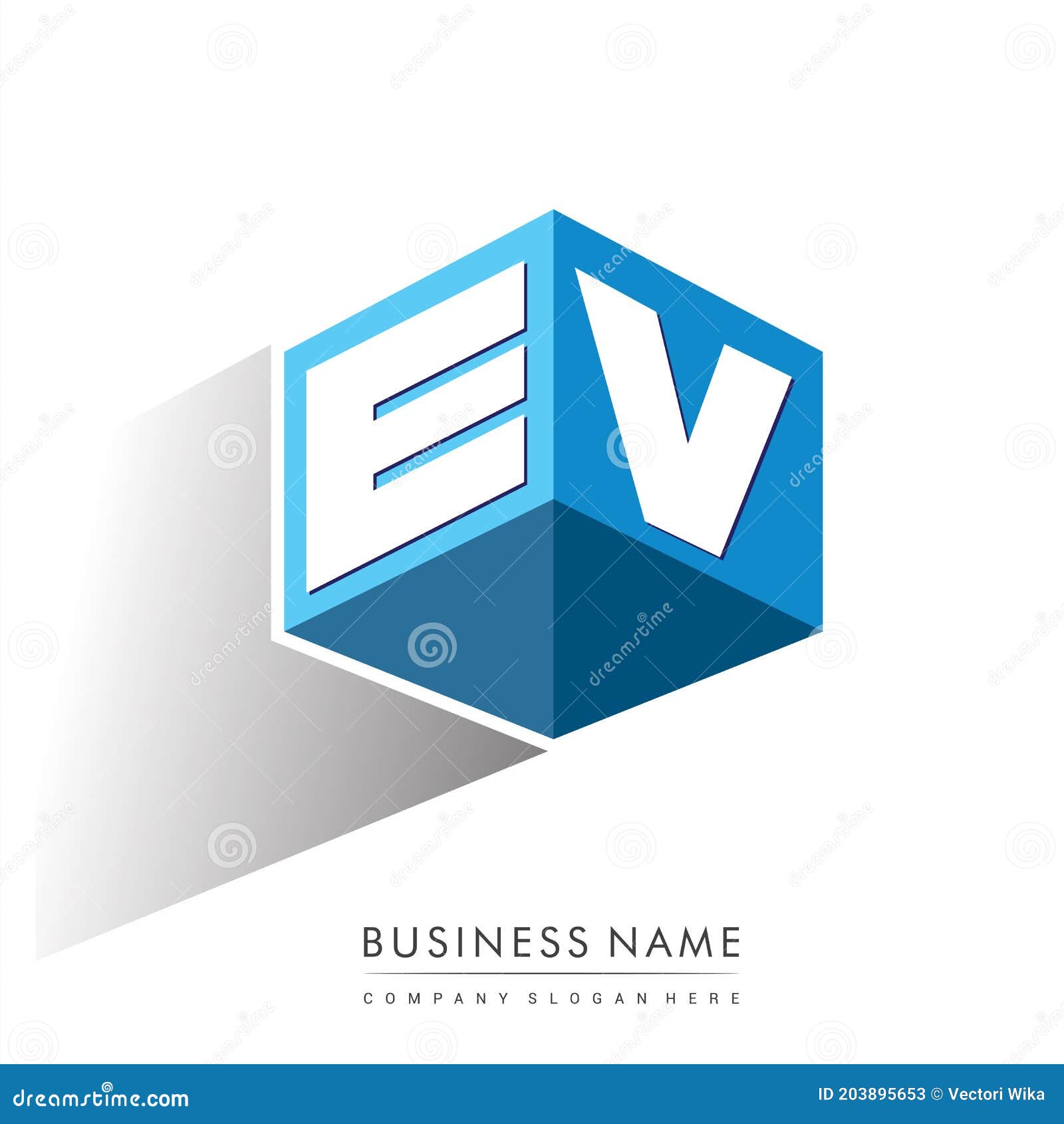 Letter EV Logo in Hexagon Shape and Blue Background, Cube Logo with ...