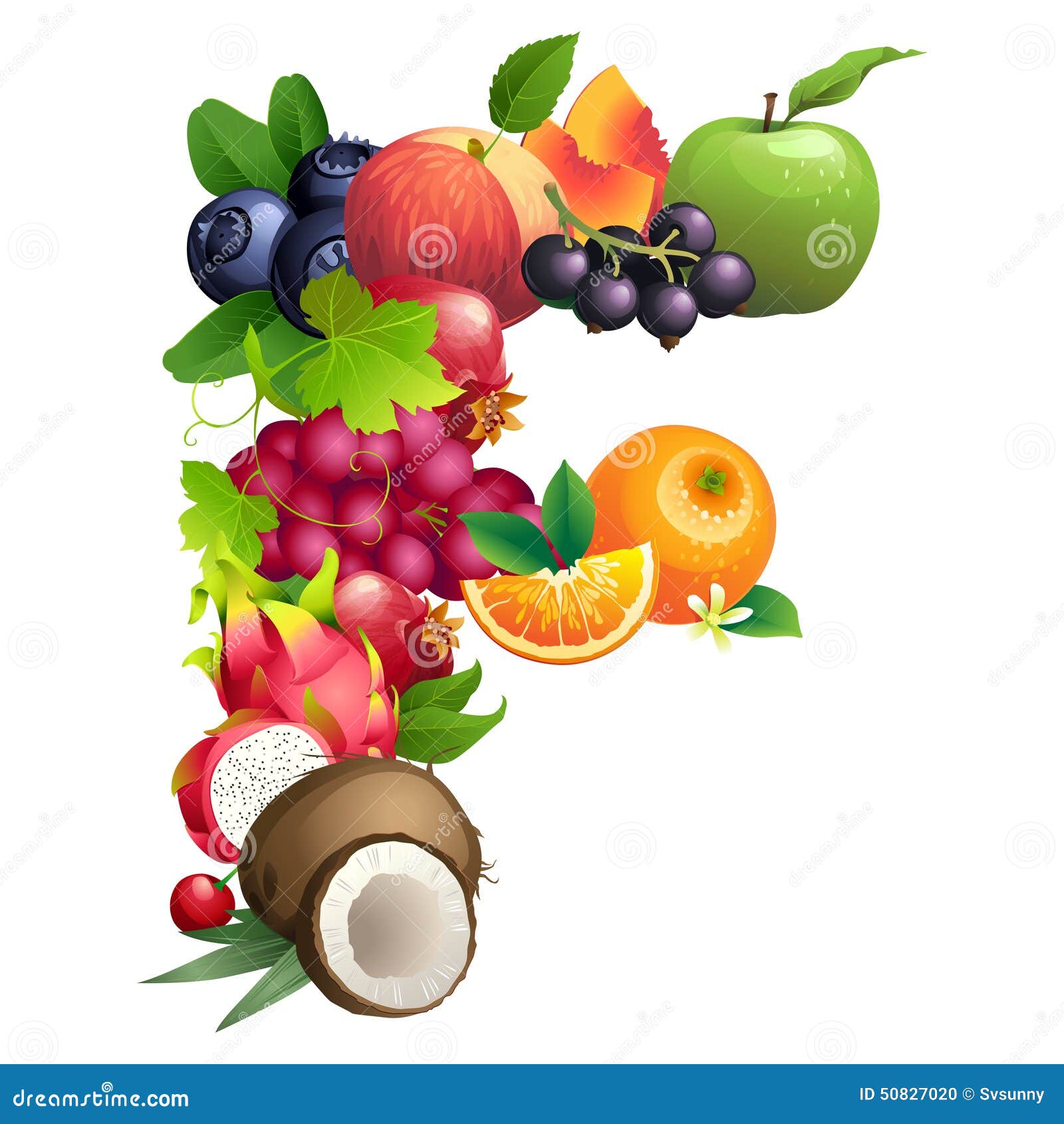 Letter F Composed of Different Fruits with Leaves Stock Vector ...