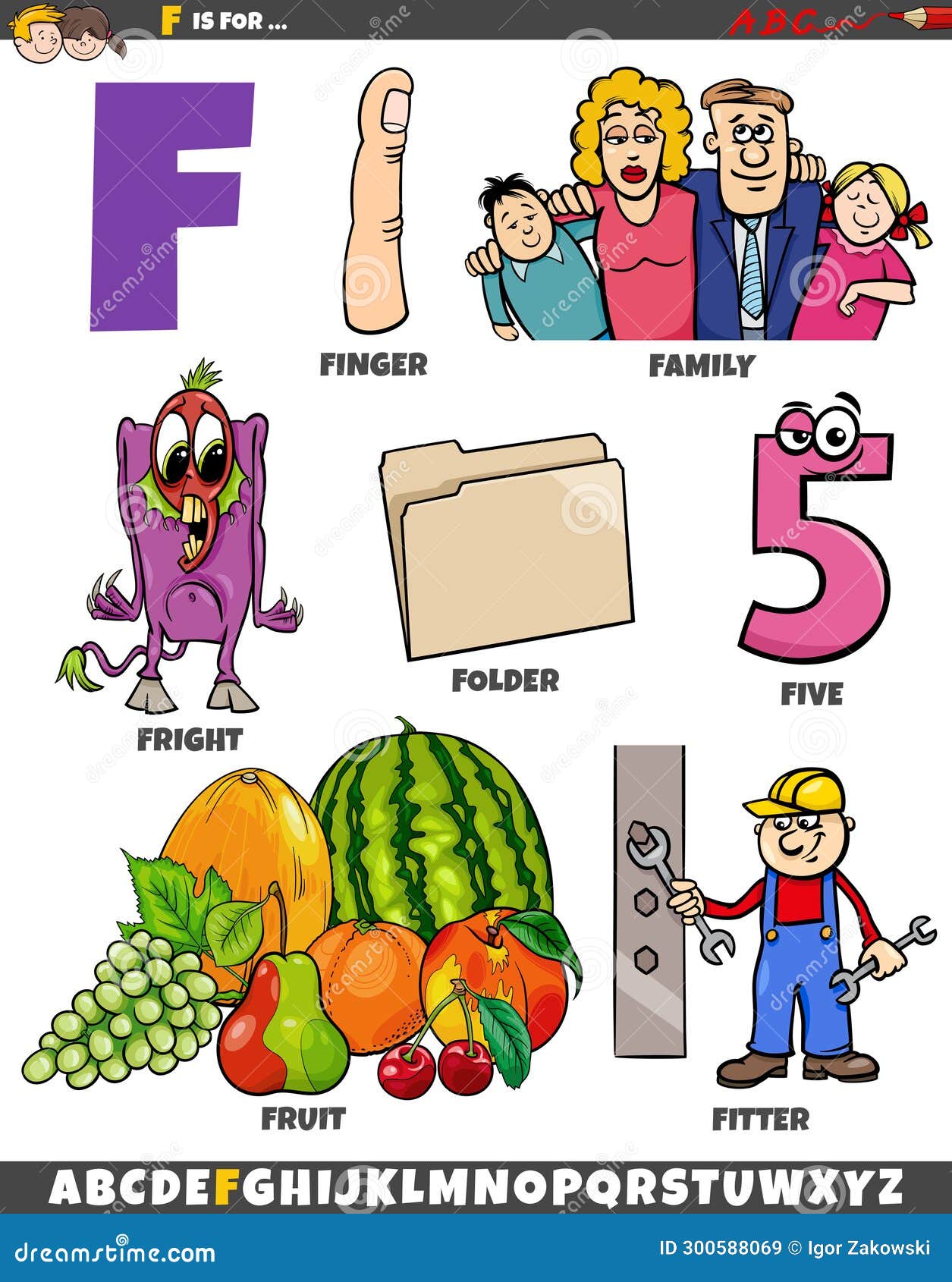 Letter F Set with Cartoon Objects and Characters Stock Illustration ...
