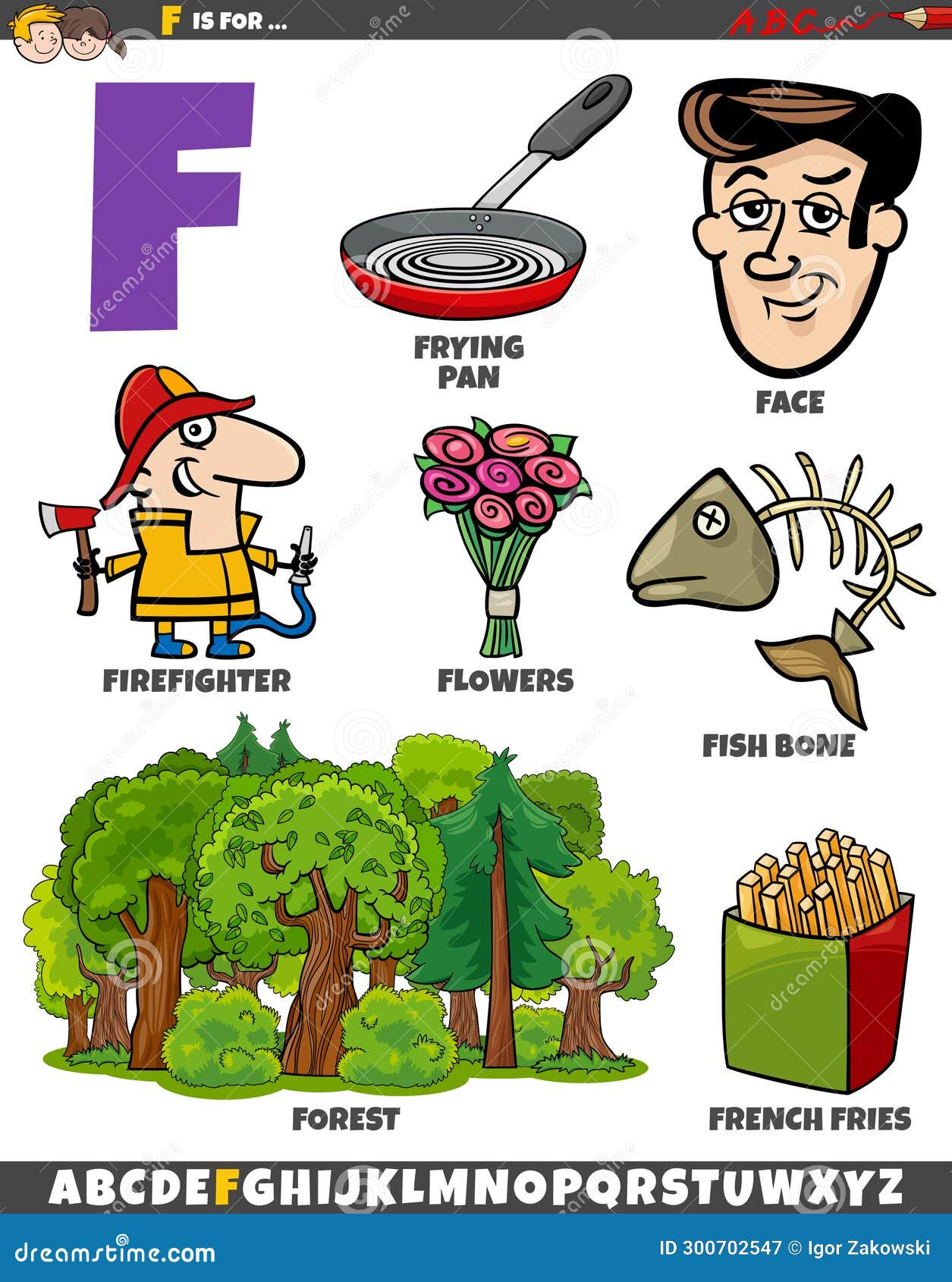 Letter F Set with Cartoon Objects and Characters Stock Illustration ...