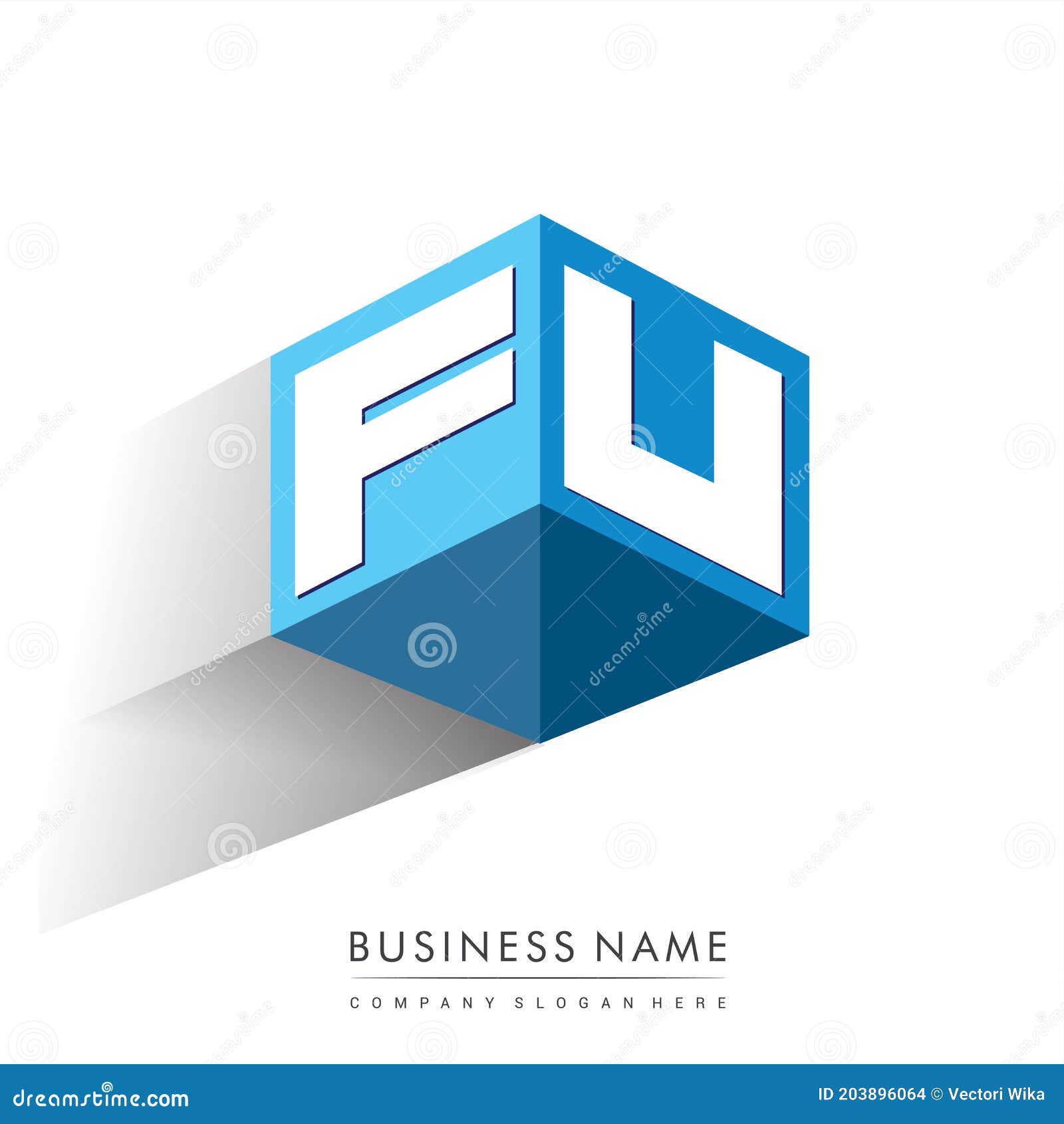 Letter FU Logo in Hexagon Shape and Blue Background, Cube Logo with ...