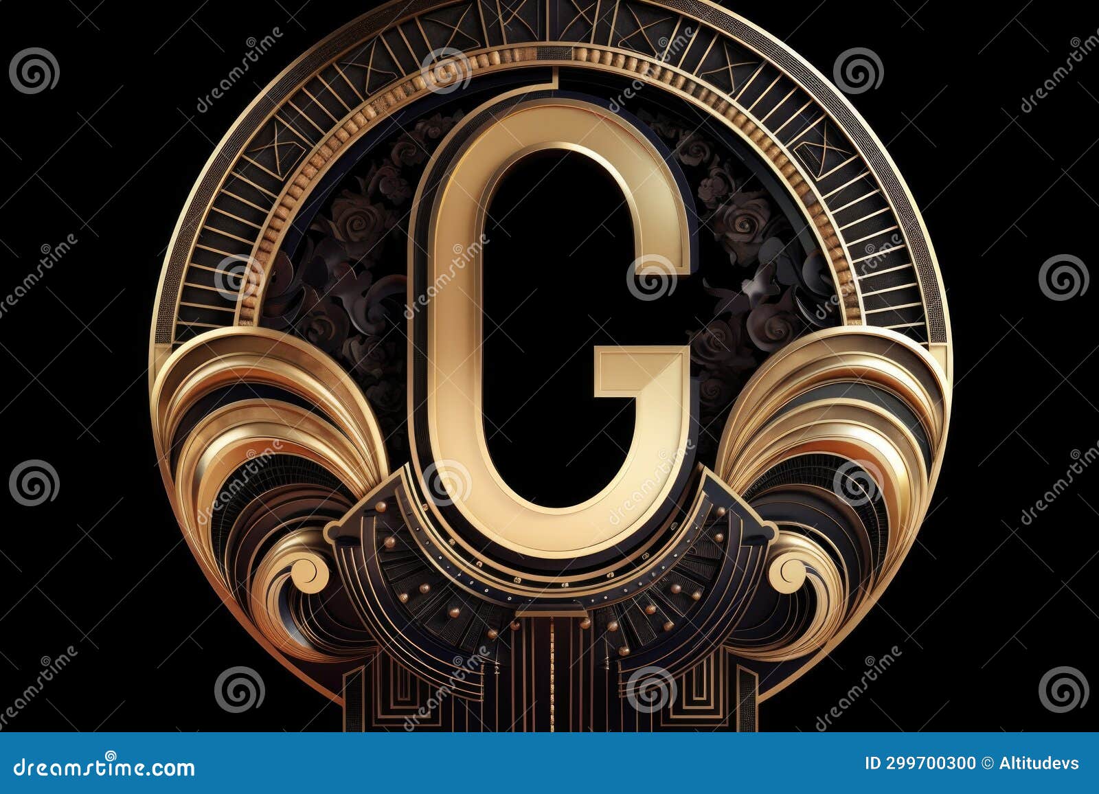 Letter G, Art Deco Style, on Black Background Stock Illustration ...