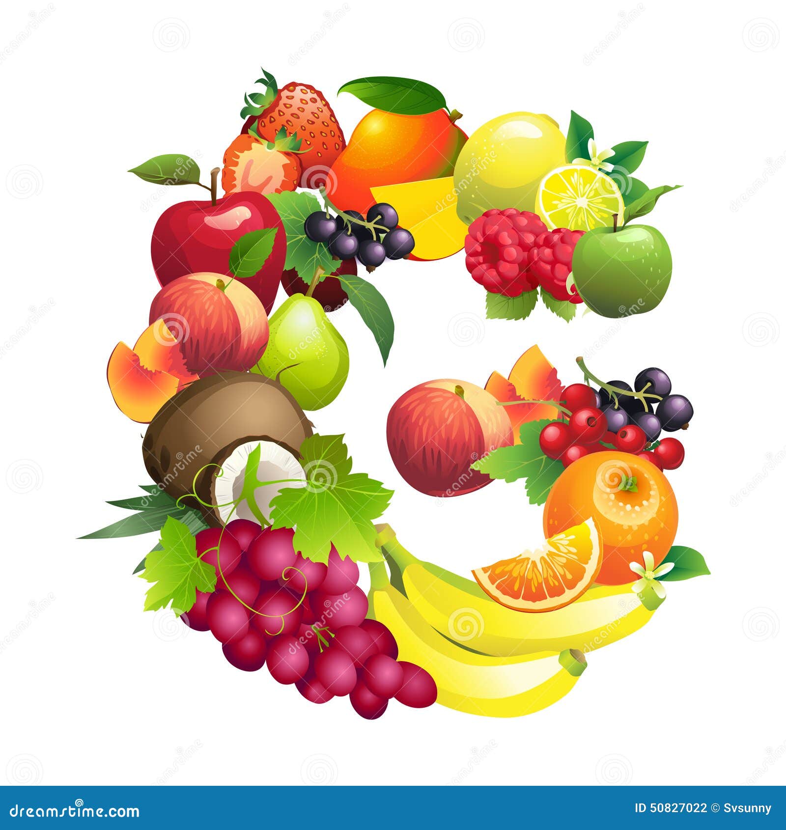 Letter G Composed of Different Fruits with Leaves Stock Vector ...