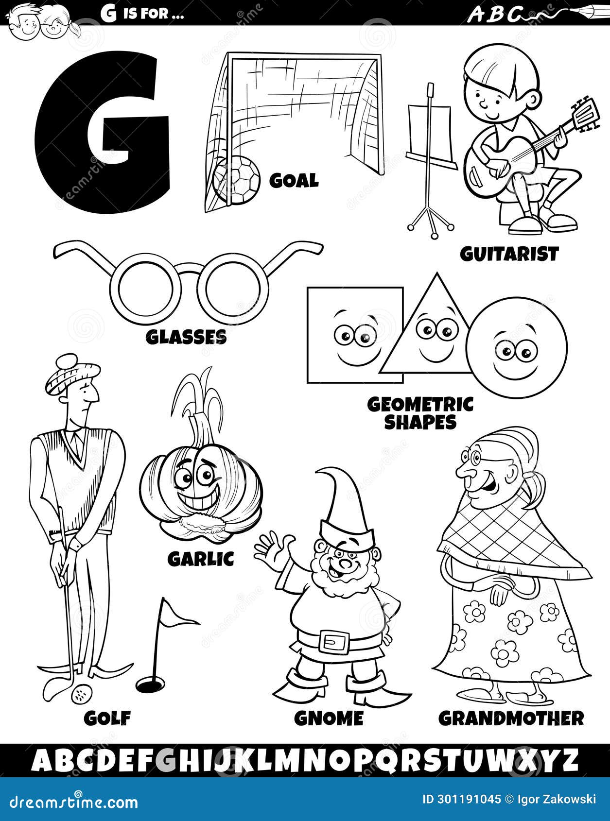 Letter G Set with Cartoon Objects and Characters Coloring Page Stock ...