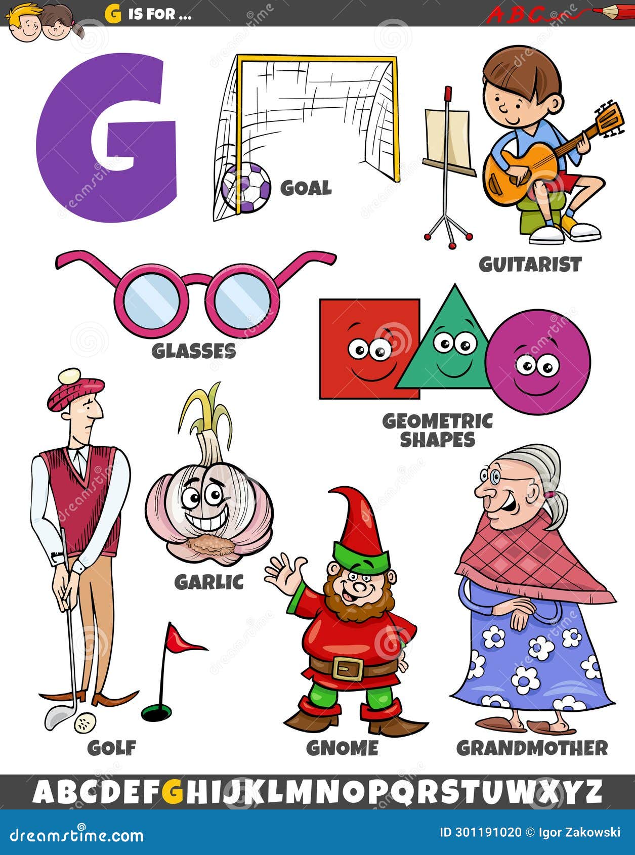 Letter G Set with Cartoon Objects and Characters Stock Vector ...