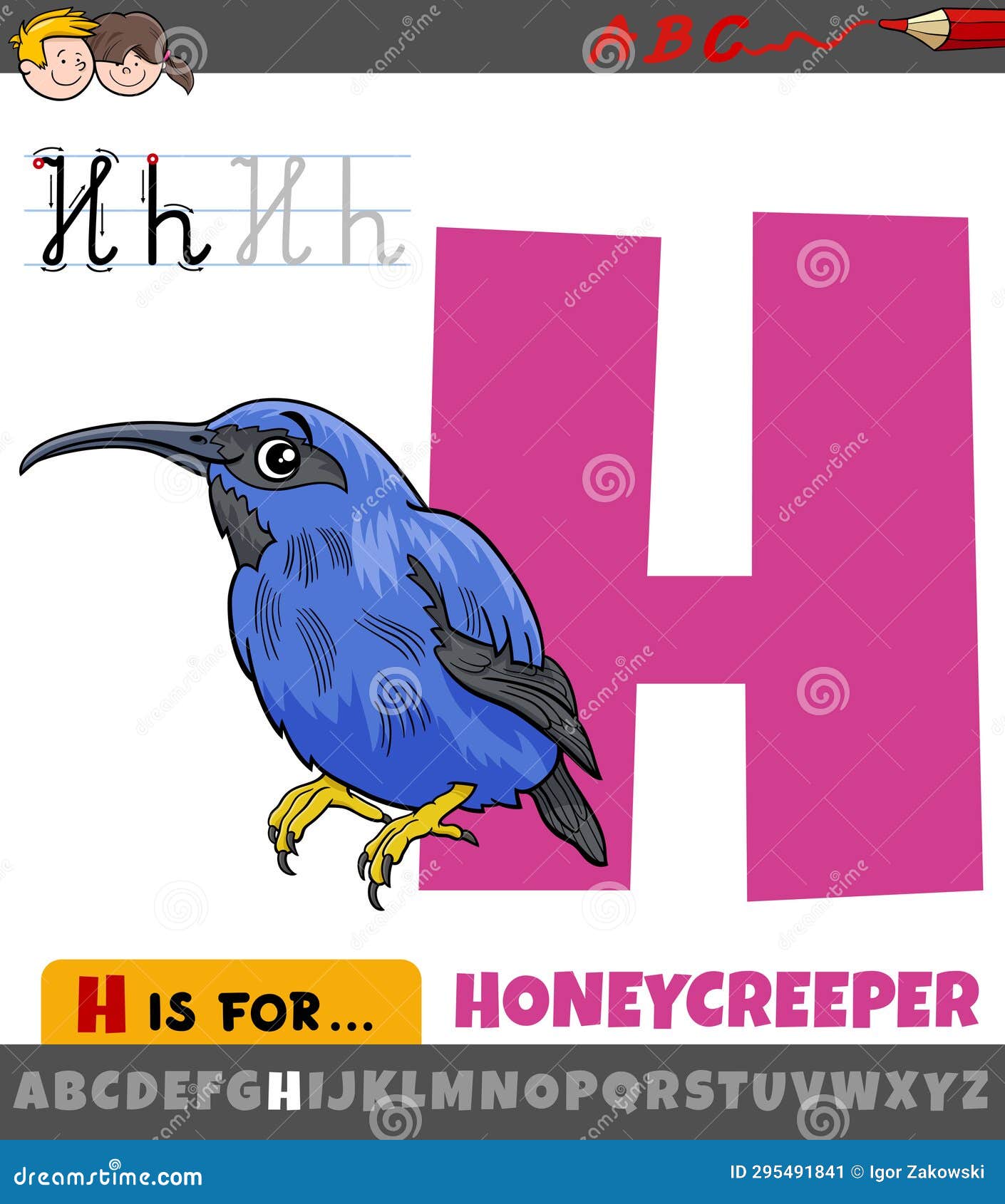 Letter H from Alphabet with Cartoon Honeycreeper Bird Stock Vector ...