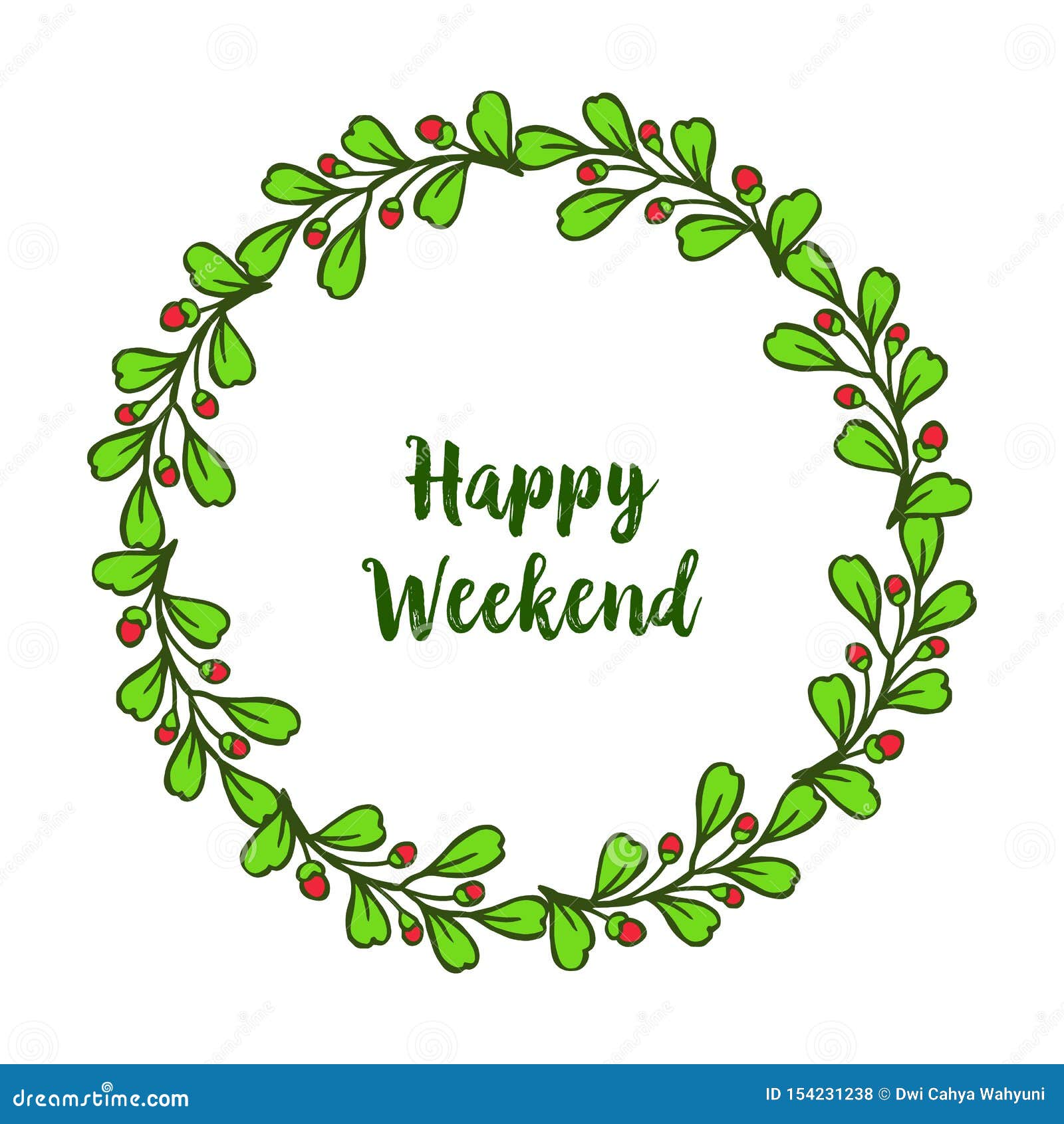 Letter Happy Weekend with Pattern Art Green Leafy Wreath Frame. Vector ...