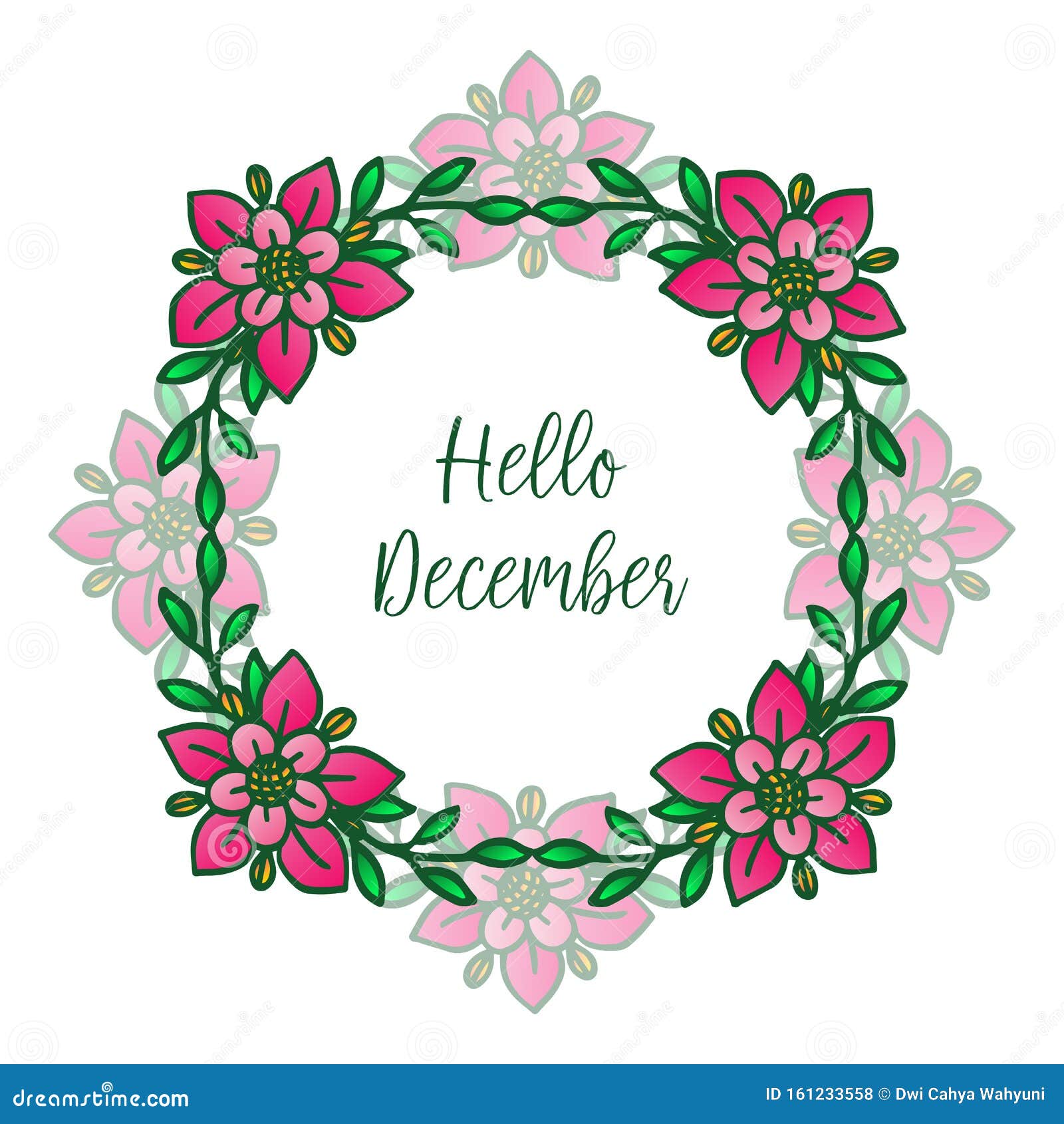 Letter Hello December, with Texture Crowd of Pink Wreath Frame. Vector ...