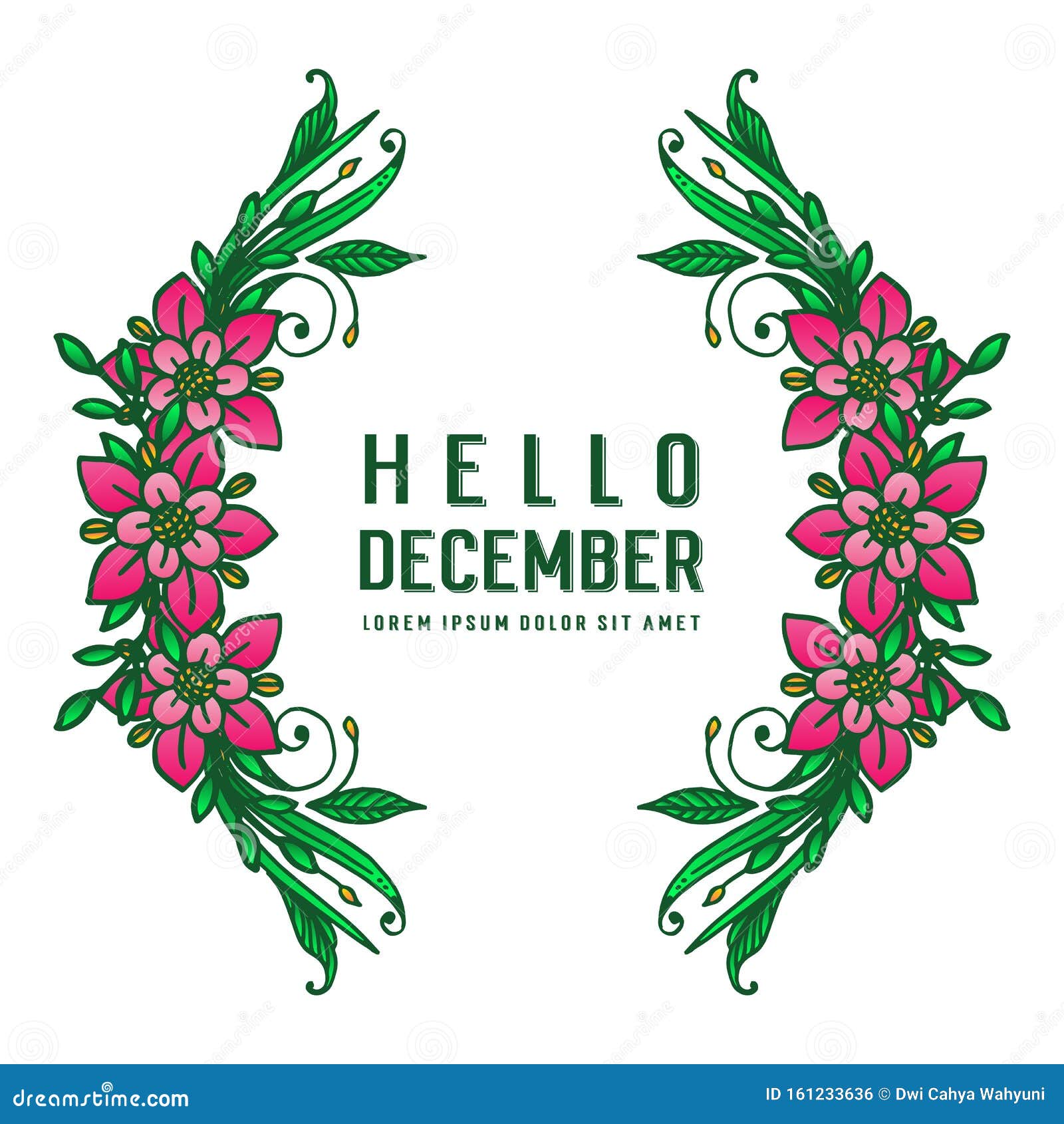 Letter Hello December, with Texture Crowd of Pink Wreath Frame. Vector ...