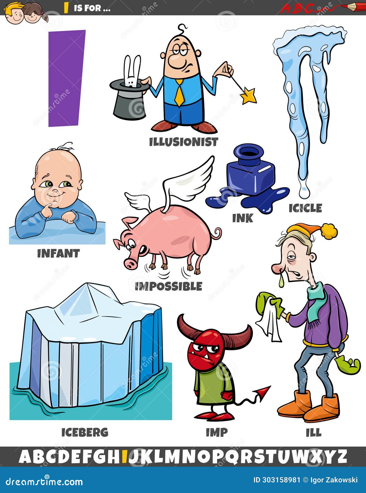 Letter I Set with Cartoon Objects and Characters Stock Vector ...