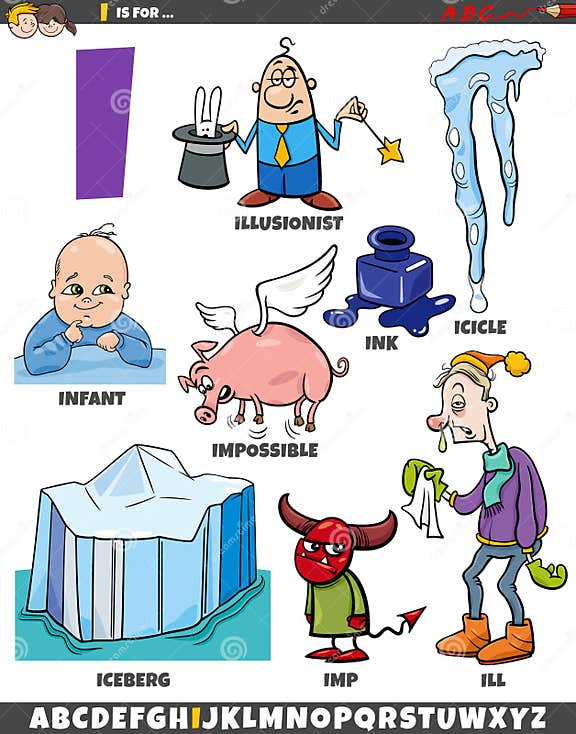 Letter I Set with Cartoon Objects and Characters Stock Vector ...